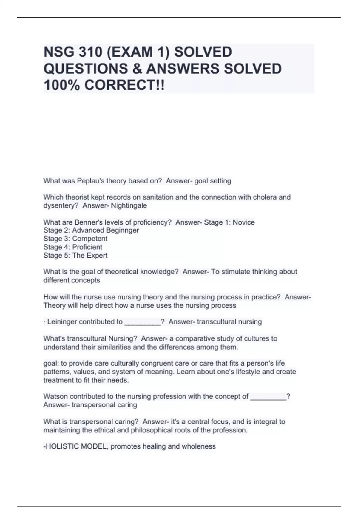 NSG 310 (EXAM 1) SOLVED QUESTIONS & ANSWERS SOLVED 100% CORRECT!! - NSG ...