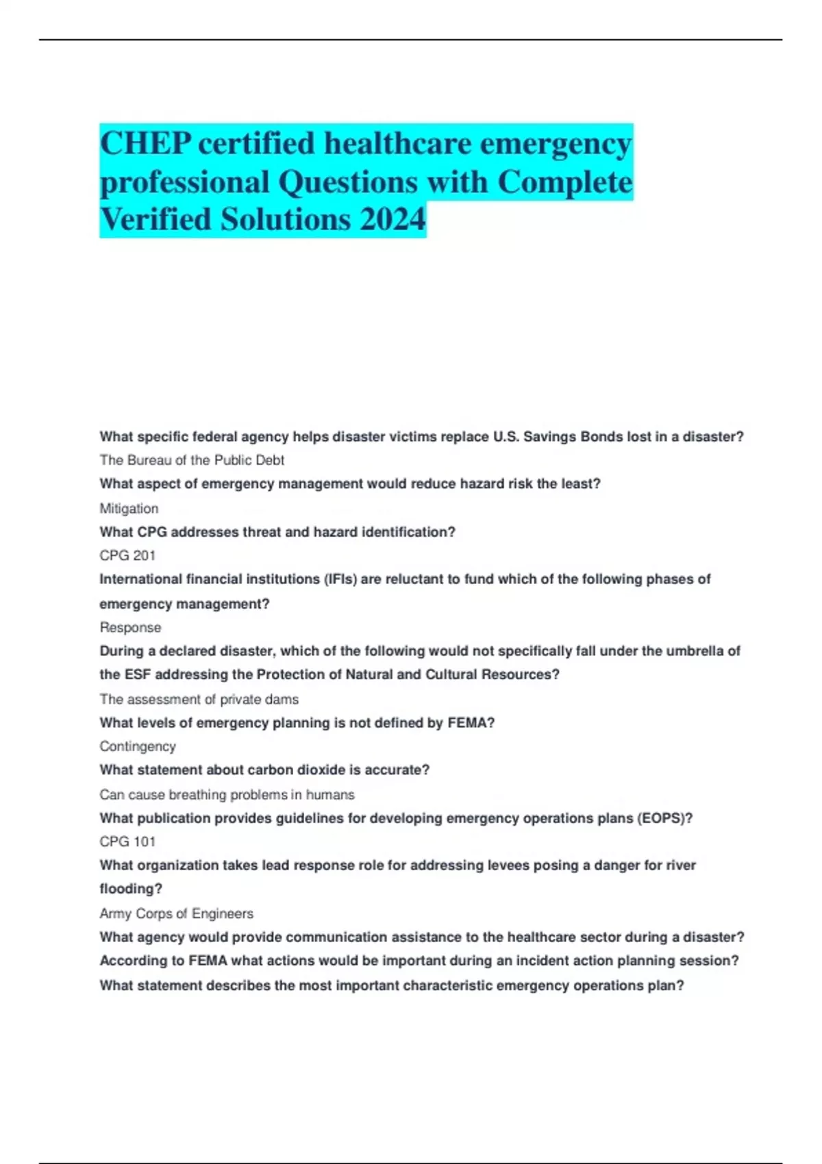 CHEP certified healthcare emergency professional Questions with Complete Verified Solutions 2024 ...
