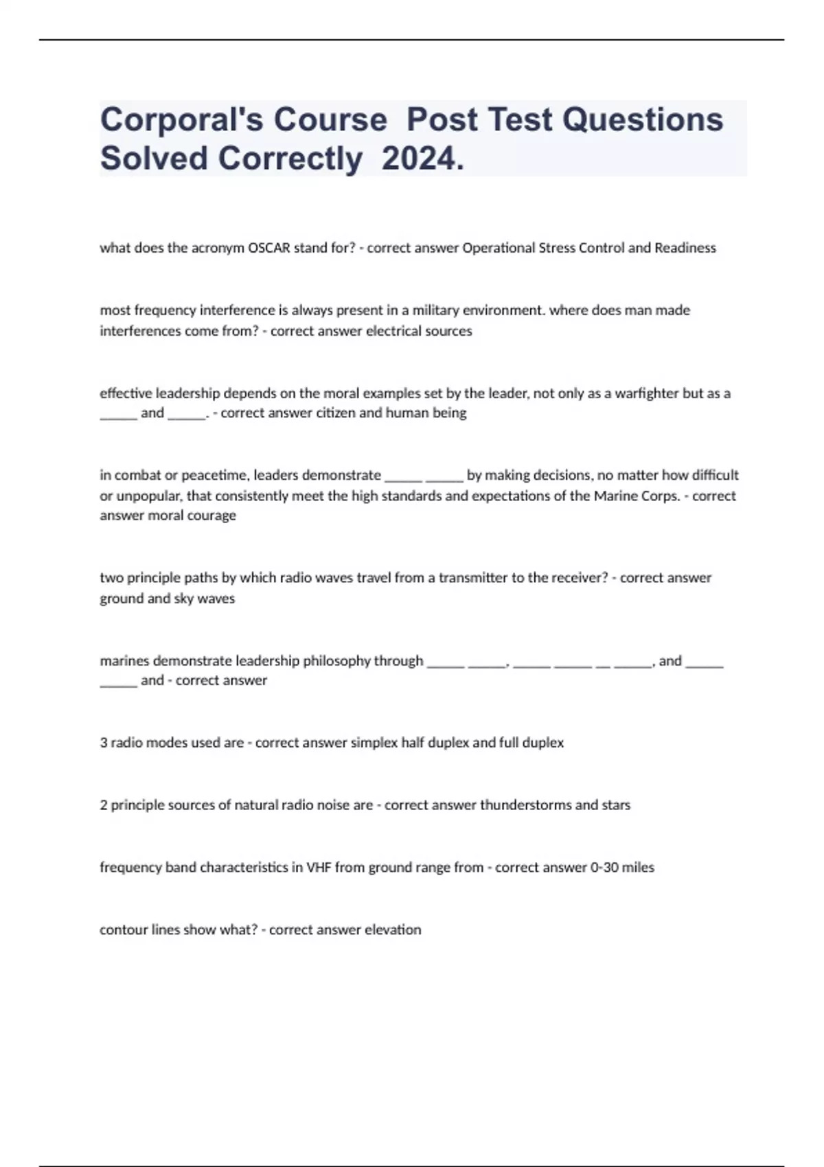 Corporals Course Actual Exam Questions And Answers 2024 Verified Corporal S Course Stuvia Us