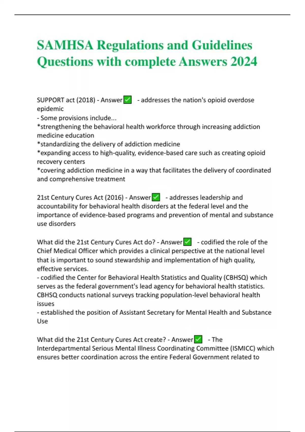 SAMHSA Regulations and Guidelines Questions with complete Answers 2024 ...