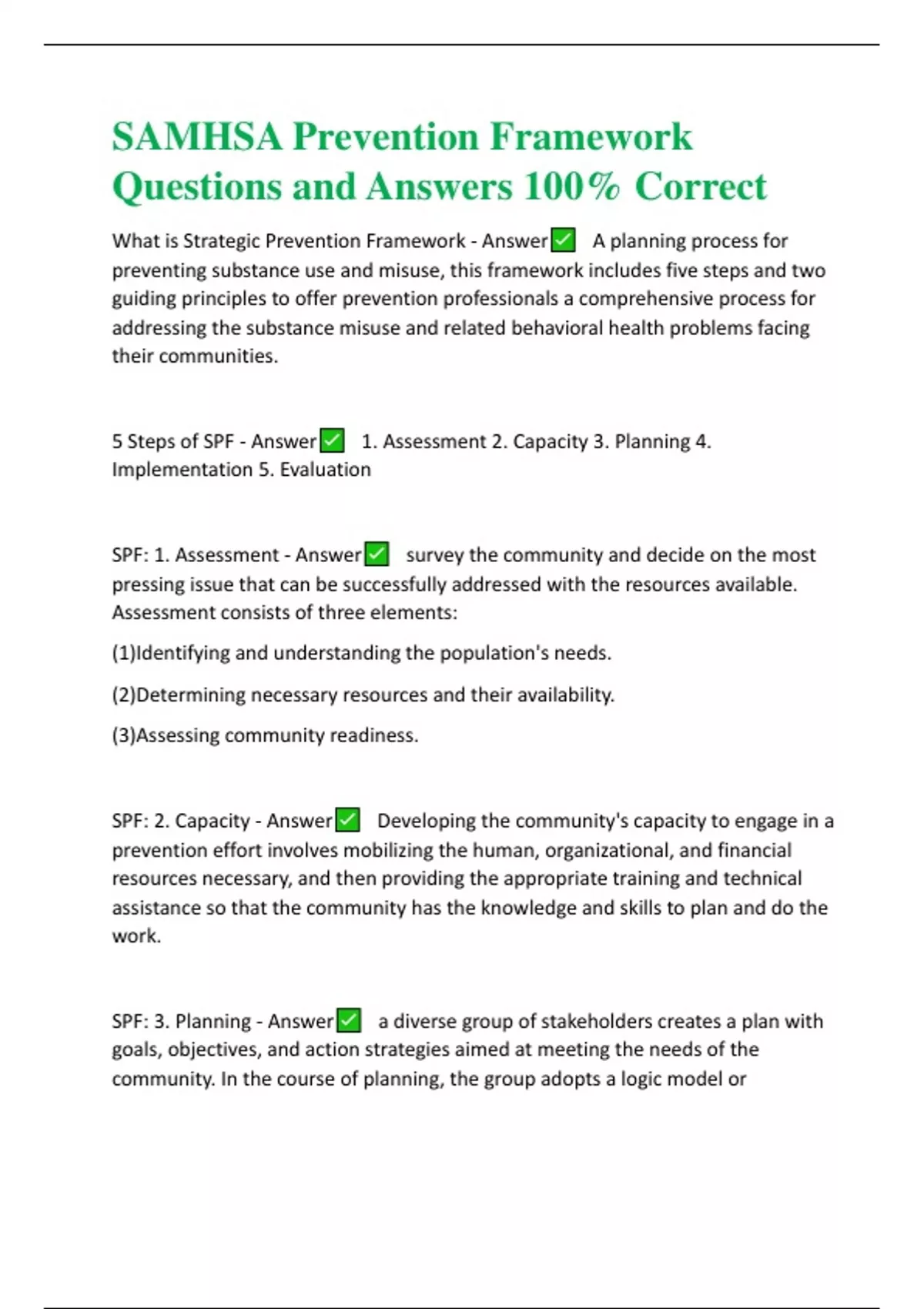 SAMHSA Prevention Framework Questions and Answers 100% Correct - SAMHSA ...