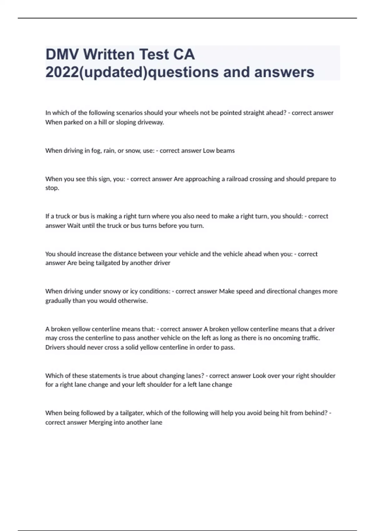 DMV Written Test CA Question and answers rated A+ 2024 - DMV - Stuvia US