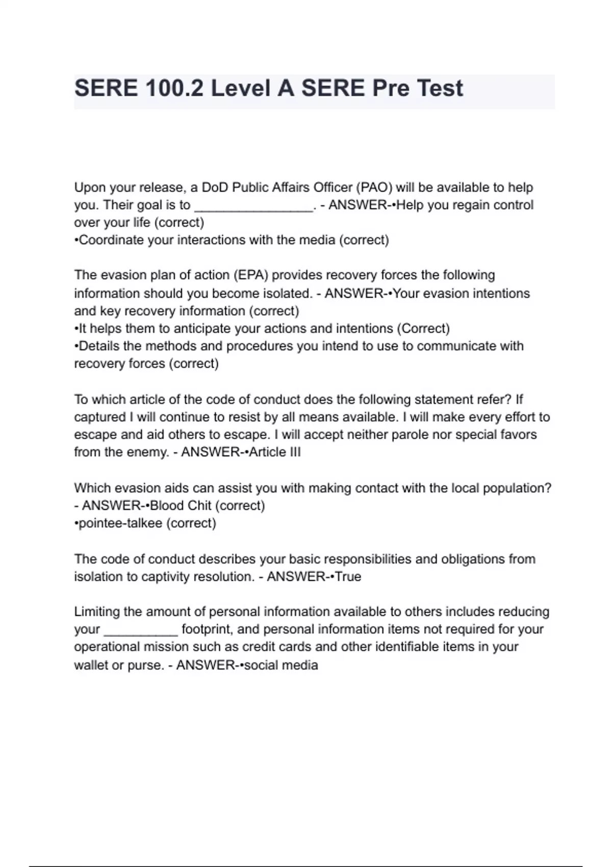 SERE 100.2 Level A SERE Pre Test questions and answers - SERE 100.2 ...