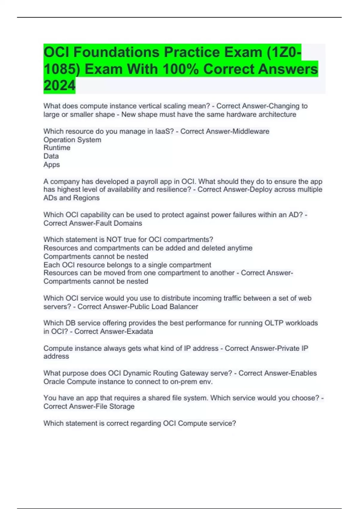 Package deal for OCI Foundations Associate Practice Exams Questions with 100% Correct Answers ...