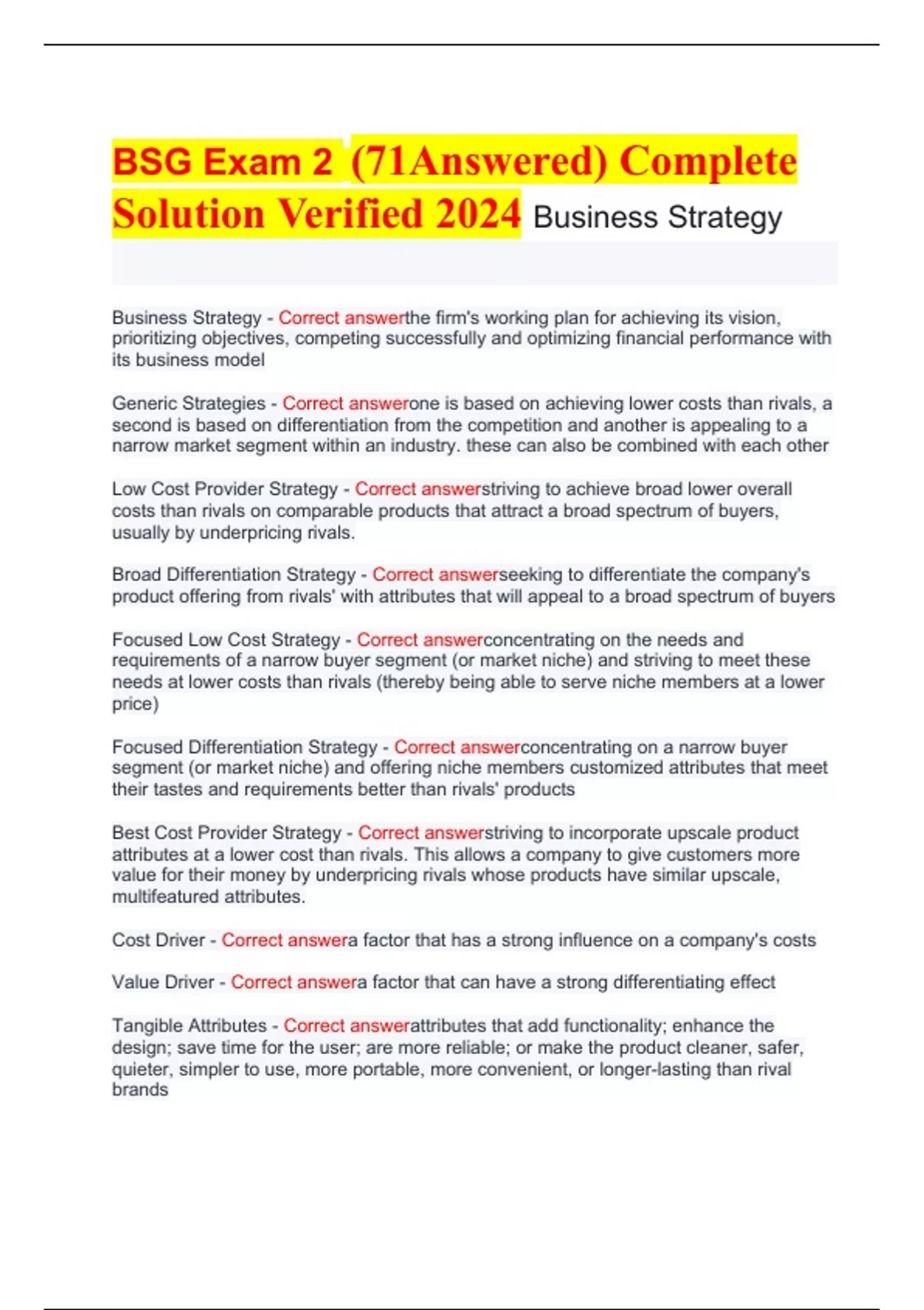 BSG Exam 2 (71Answered) Complete Solution Verified 2024 Business ...