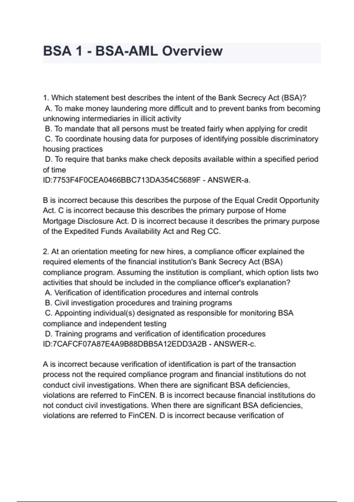 BSA 1 - BSA-AML Overview questions with correct answers - BSA 1 - BSA ...