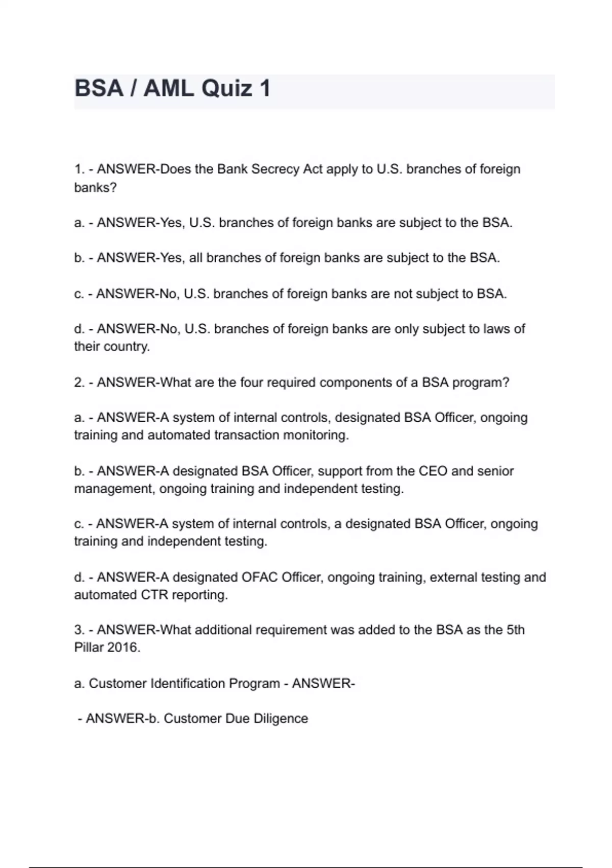 BSA / AML Quiz 1 questions with complete solution - BSA / AML Qiz 1 ...