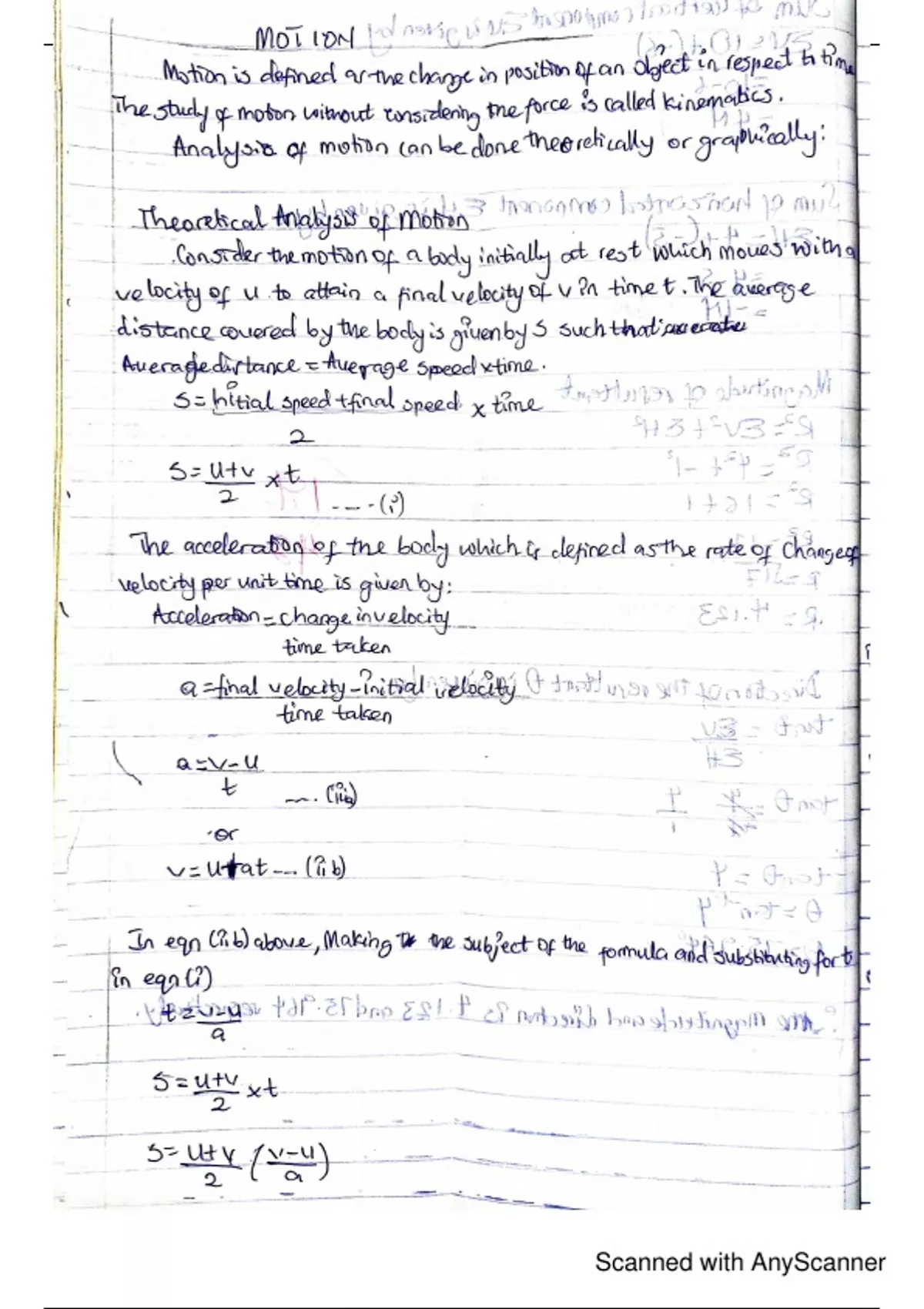 Class notes Physics : Theoretical and Graphical Analysis of Motion ...