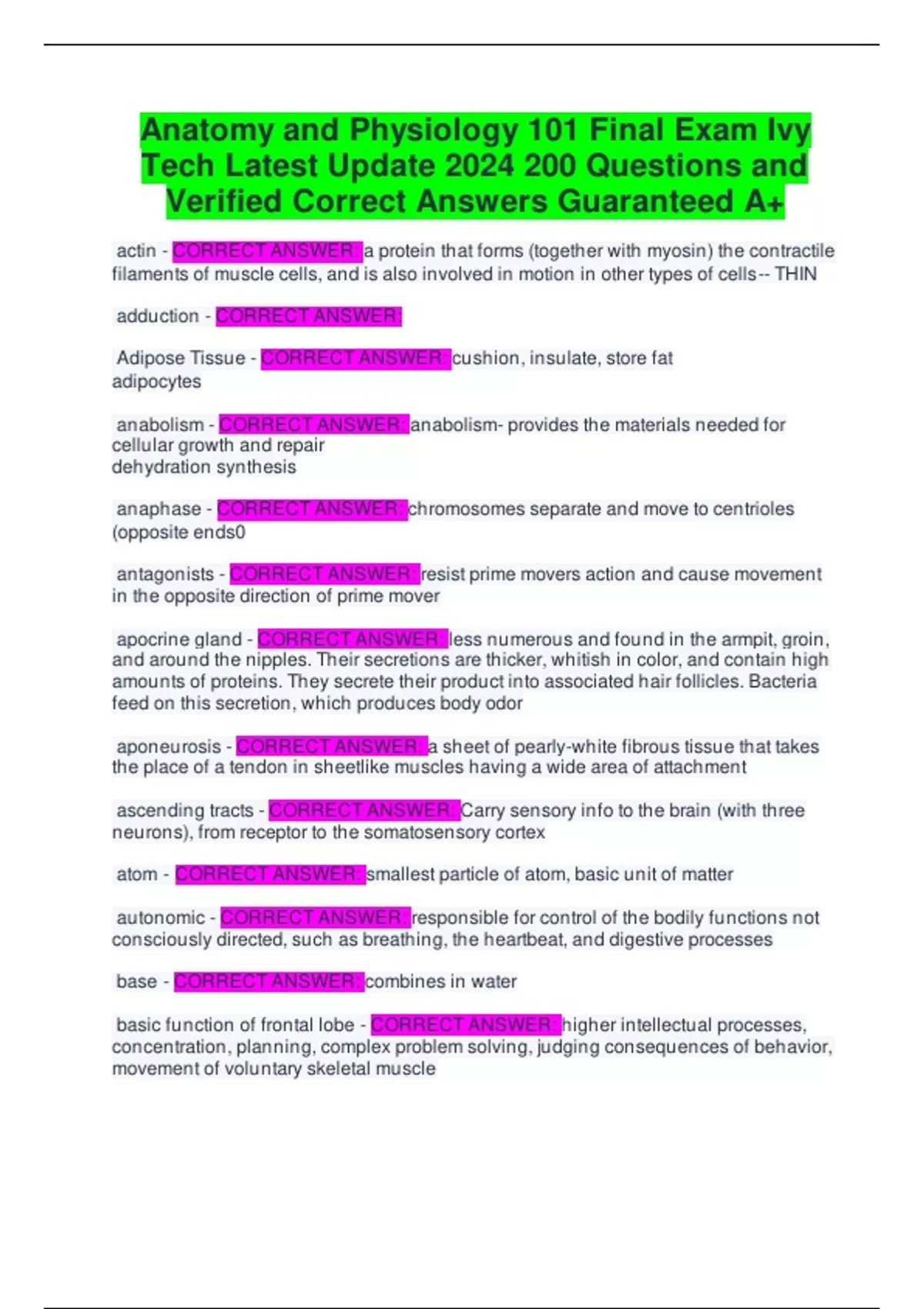 Anatomy and Physiology 101 Final Exam Ivy Tech Latest Update 2024 200 ...