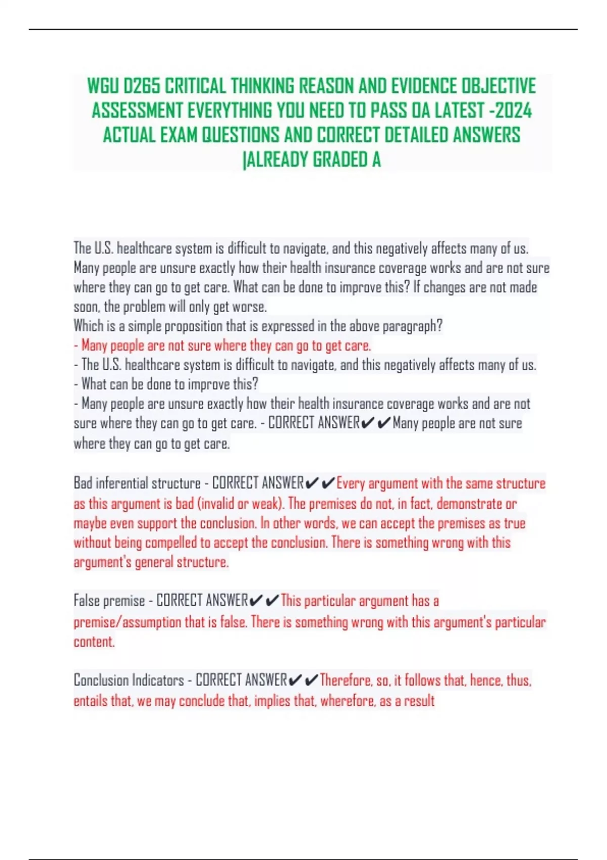 WGU D265 CRITICAL THINKING REASON AND EVIDENCE OBJECTIVE ASSESSMENT ...