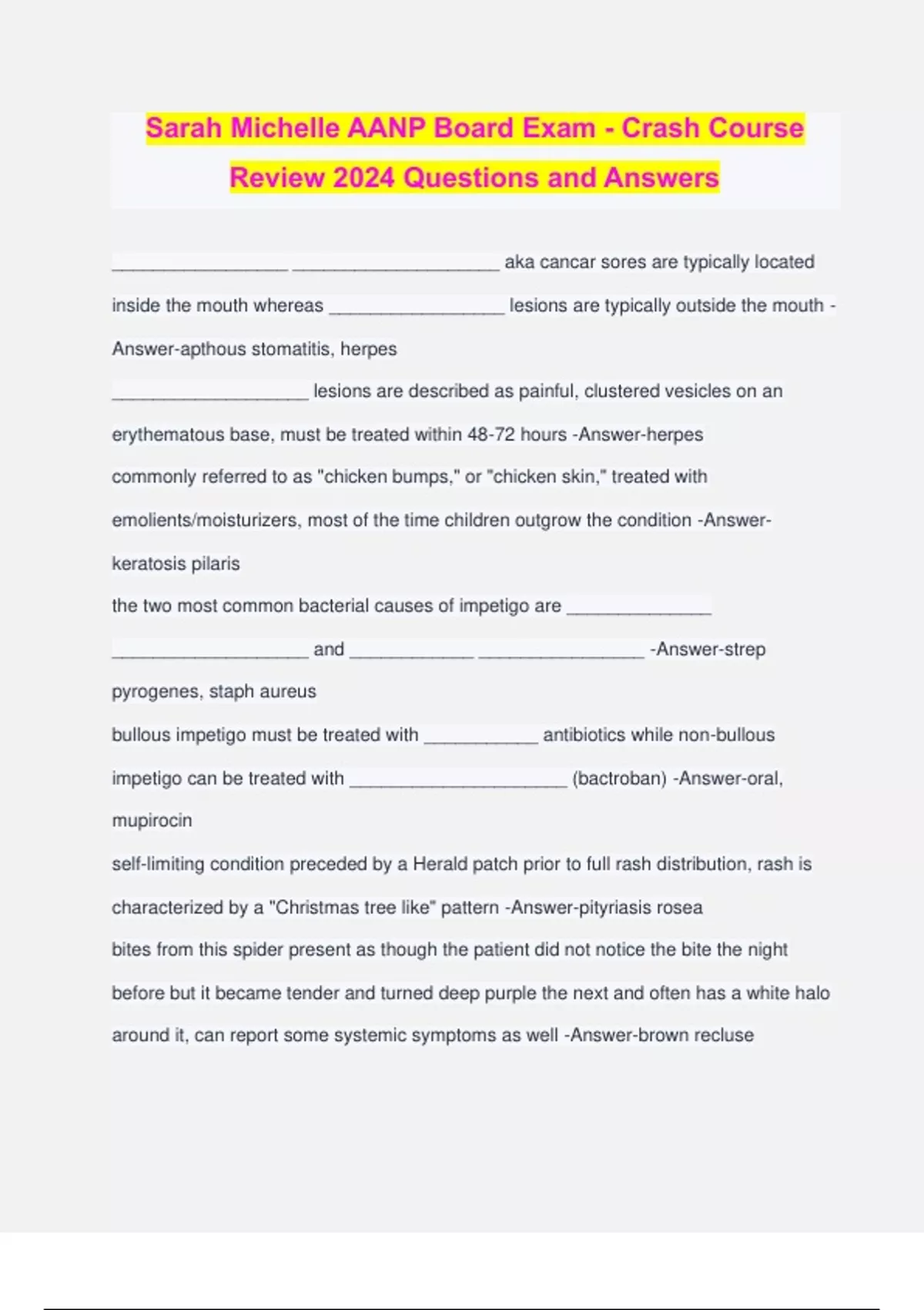 Sarah Michelle AANP Board Exam - Crash Course Review 2024 Questions and ...