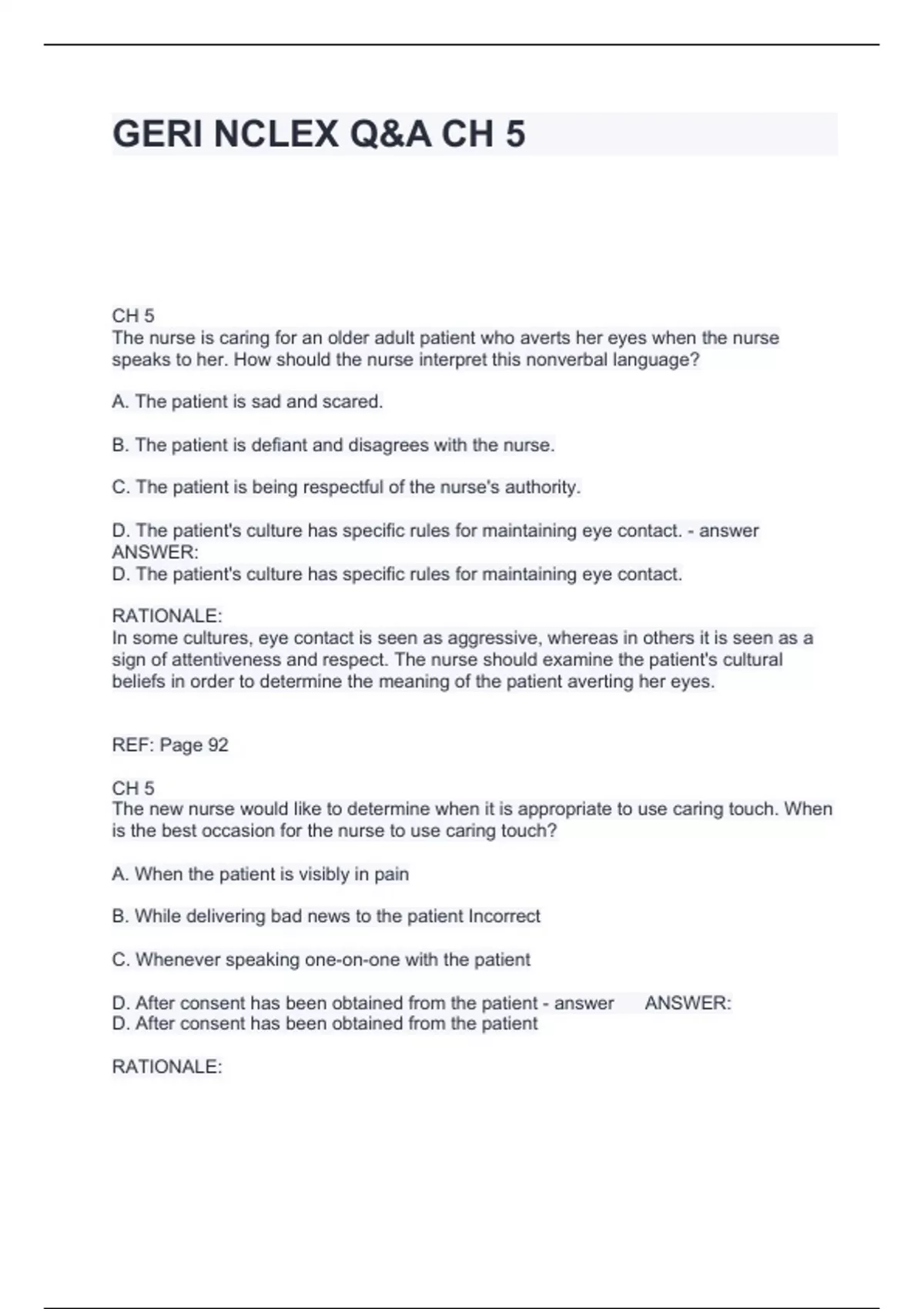 GERI NCLEX Q&A CH 5 QUESTIONS WITH CORRECT ANSWERS - CPXP - Stuvia US