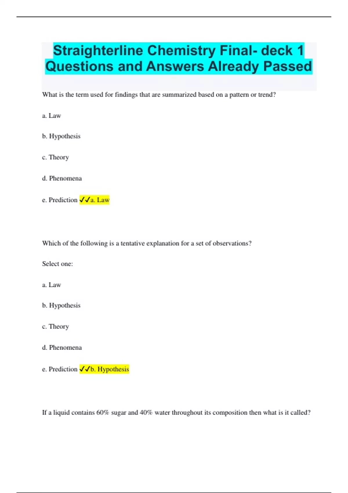 Straighterline Chemistry Final- deck 1 Questions and Answers Already ...