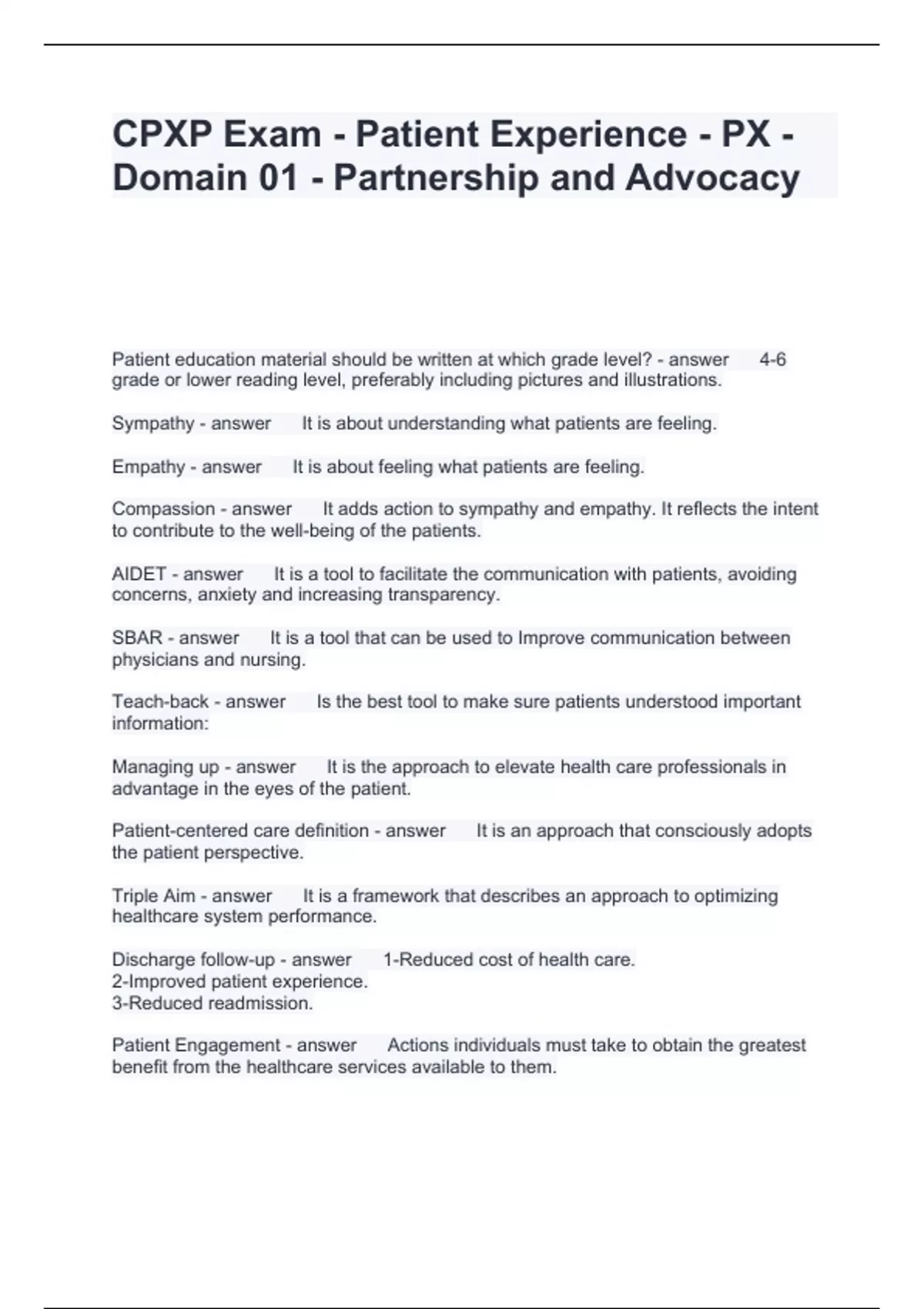 CPXP Exam - Patient Experience - PX - Domain 01 - Partnership and ...
