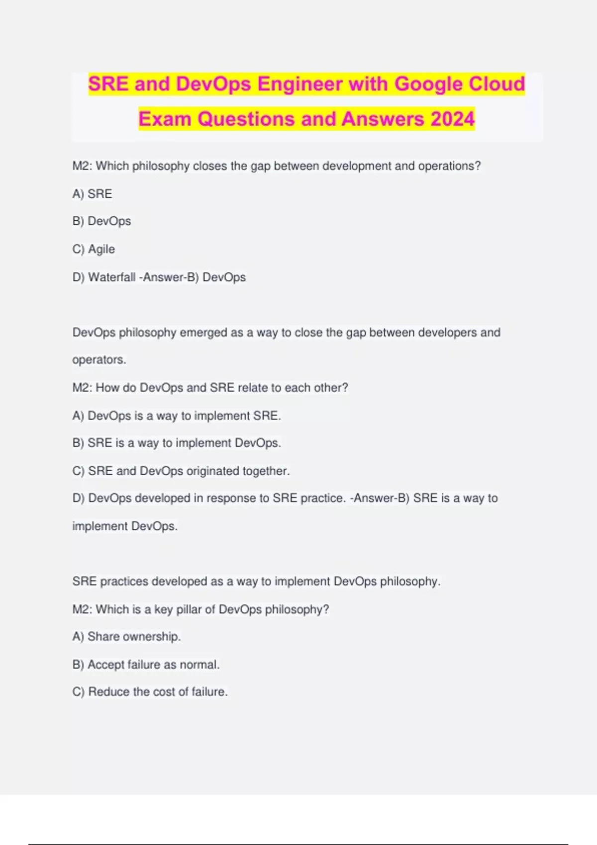 SRE and DevOps Engineer with Google Cloud Exam Questions and Answers ...