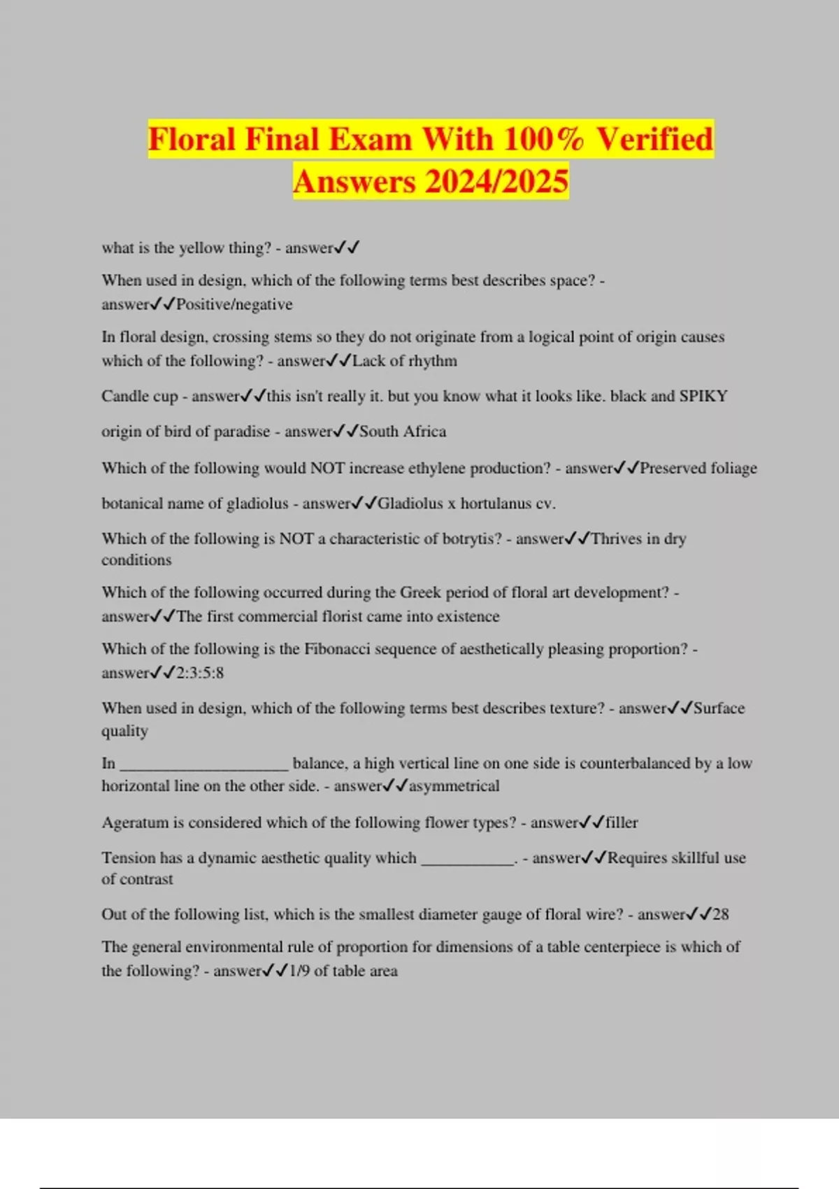 Floral Final Exam With 100% Verified Answers 2024/2025 - Floral - Stuvia US