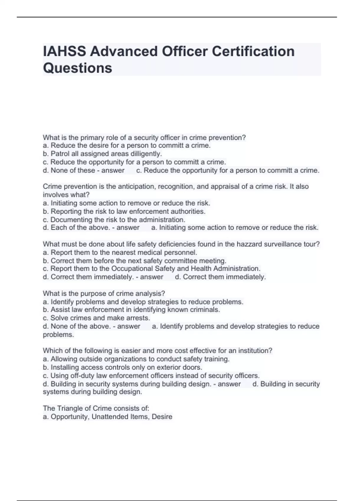 IAHSS Advanced Officer Certification Questions with complete solution ...