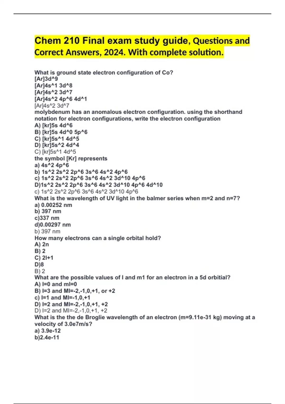 Chem 210 Final exam study guide, Questions and Correct Answers, 2024 ...