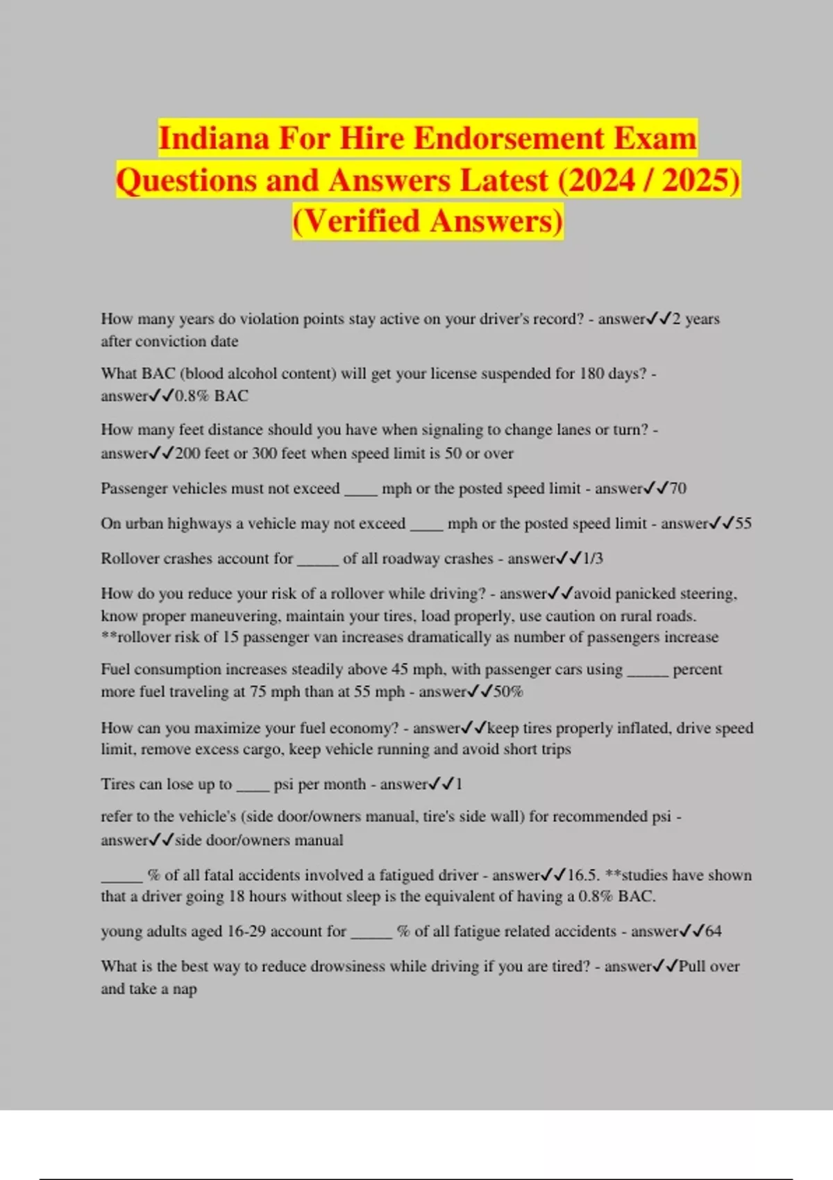 Indiana For Hire Endorsement Exam Questions and Answers Latest (2024 / ...