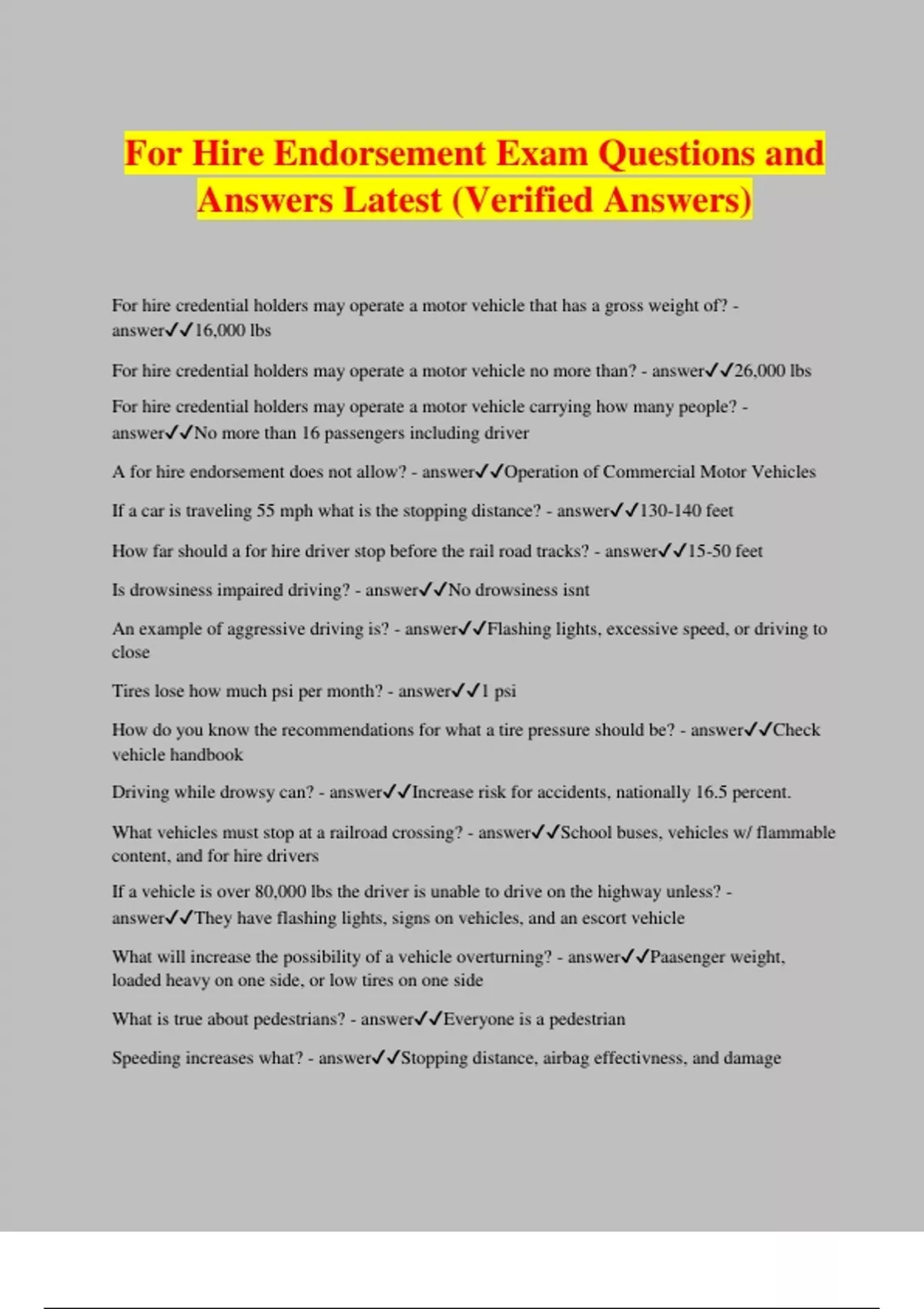 For Hire Endorsement Exam Questions and Answers Latest (Verified ...