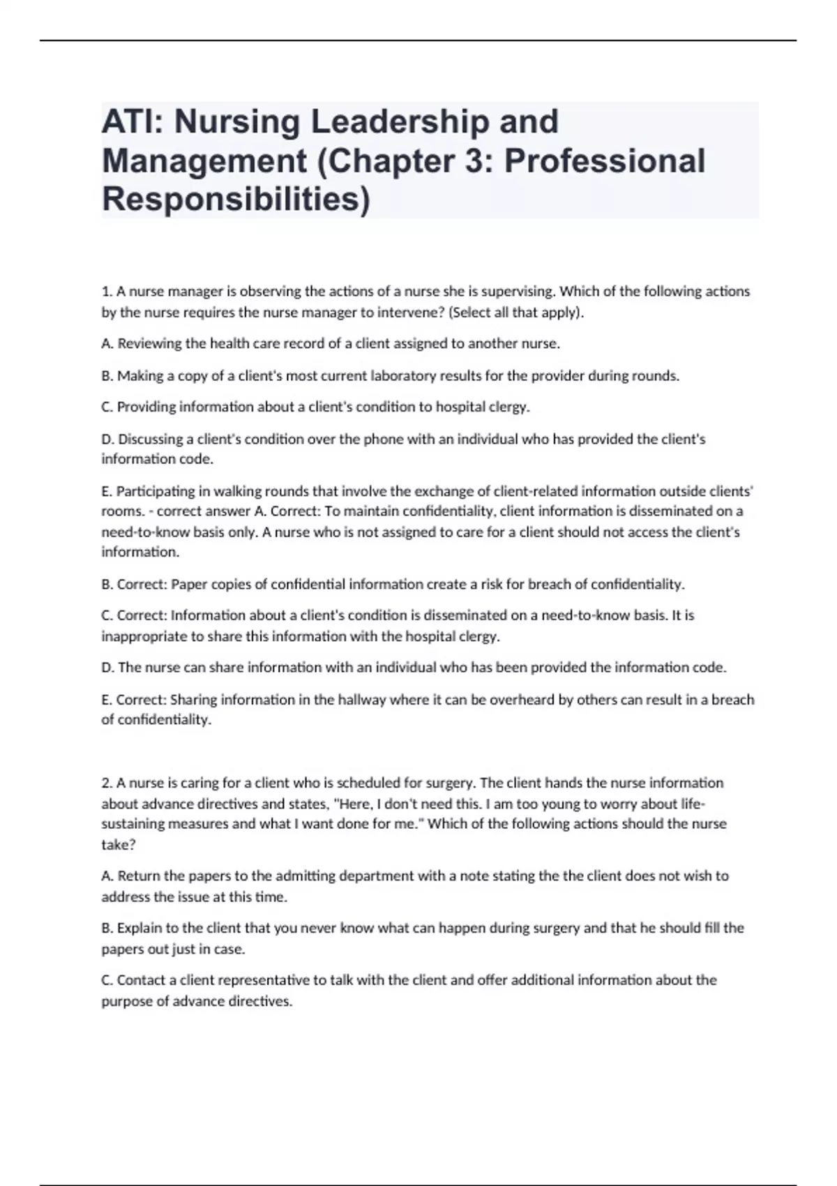 ATI: Nursing Leadership and Management (Chapter 3: Professional Responsibilities) correctly ...