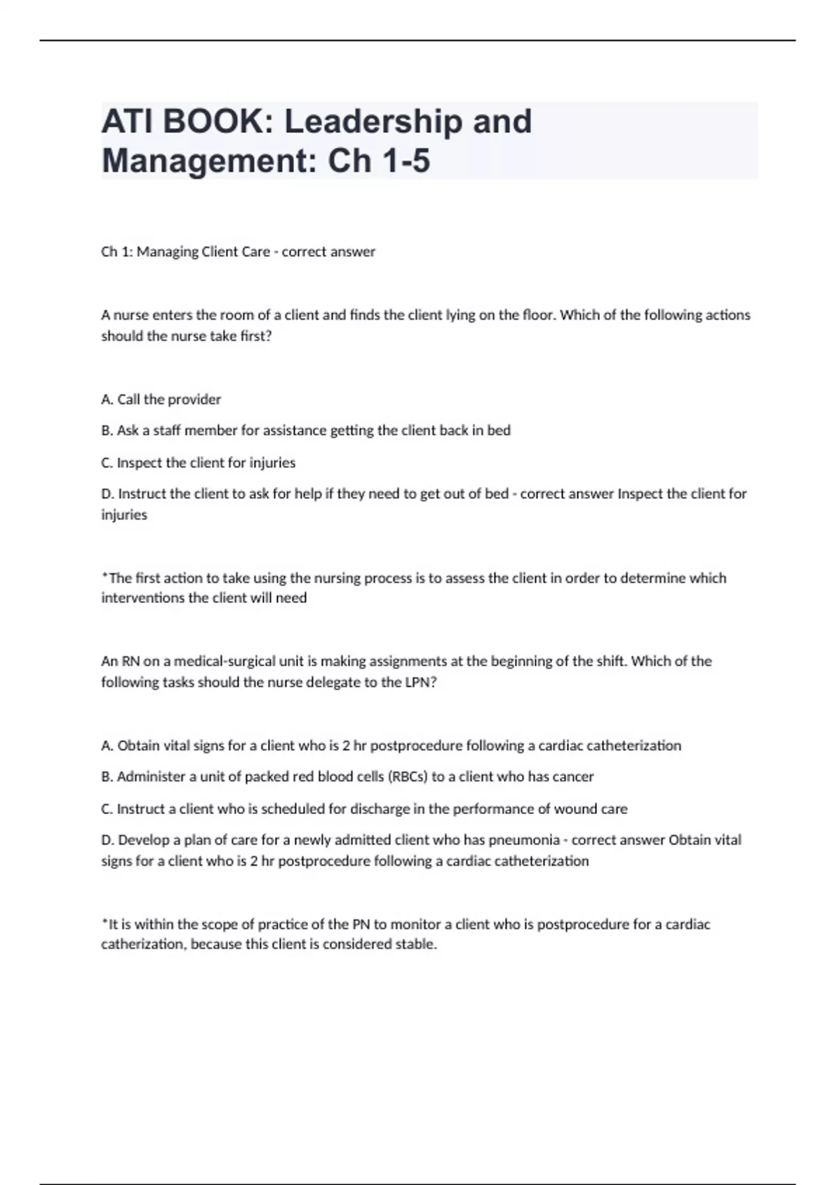 ATI BOOK: Leadership and Management: Ch 1-5 fully solved 2024 - Ati ...