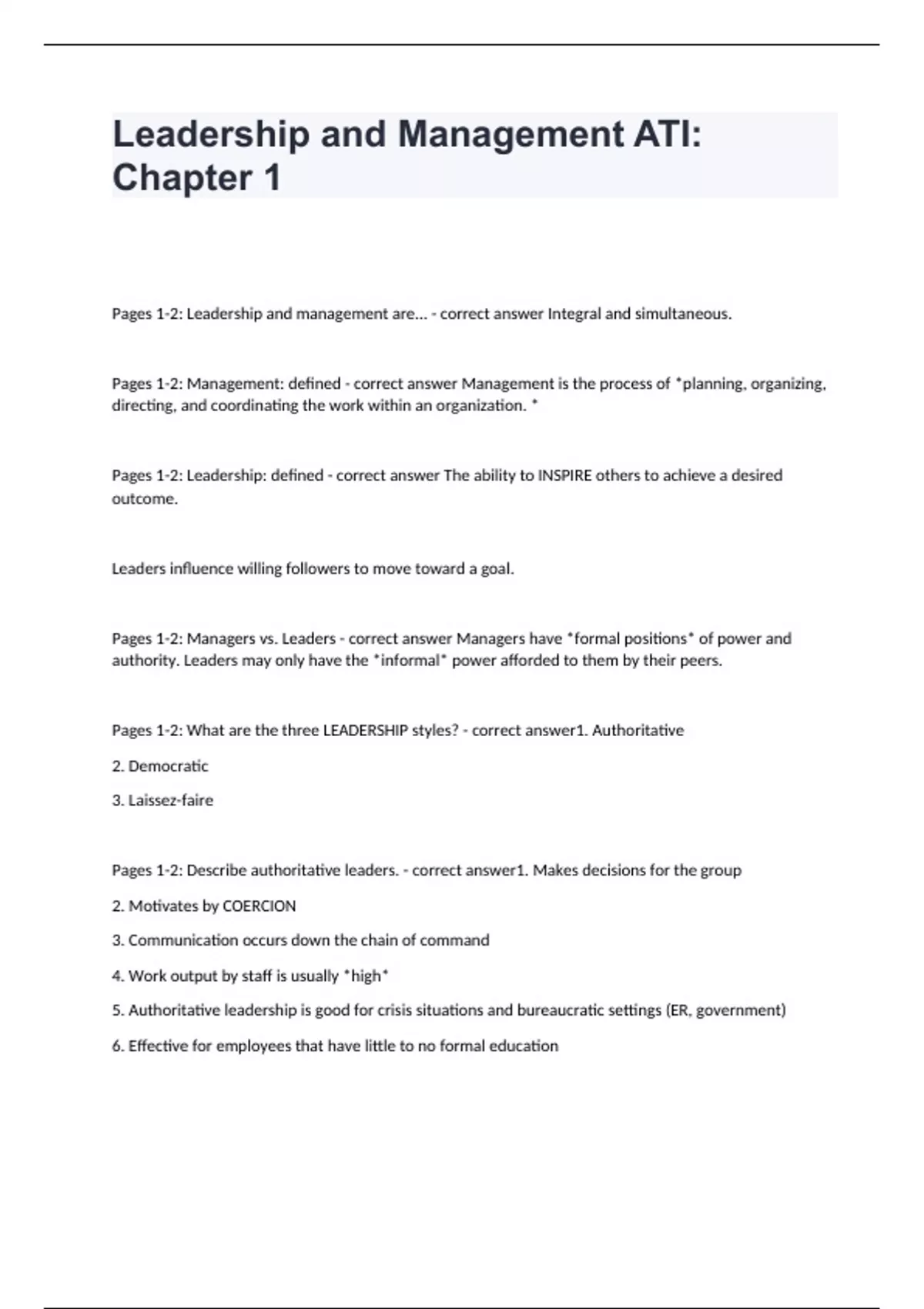 Leadership and Management ATI: Chapter 1 questions with answers 2024 - Ati nursing leadership ...