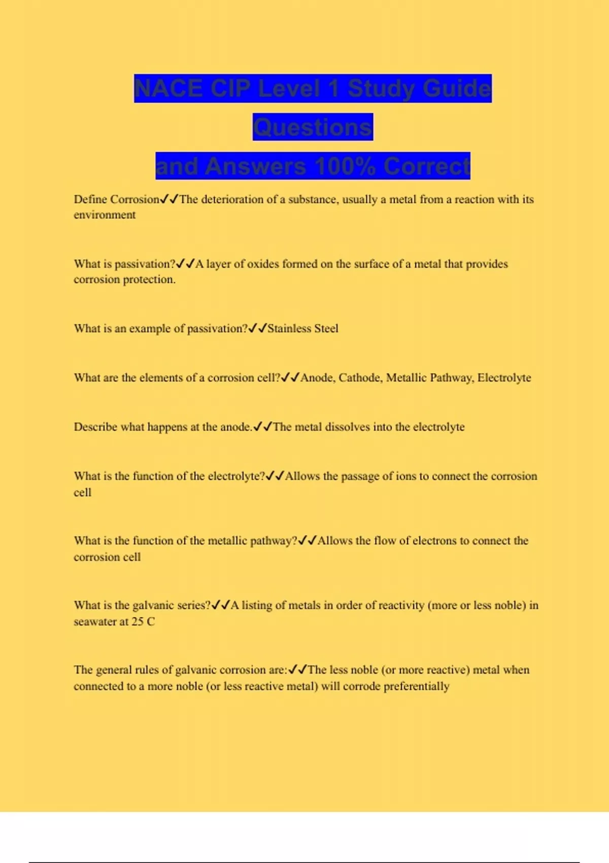 NACE CIP Level 1 Study Guide Questions and Answers 100% Correct - NACE ...