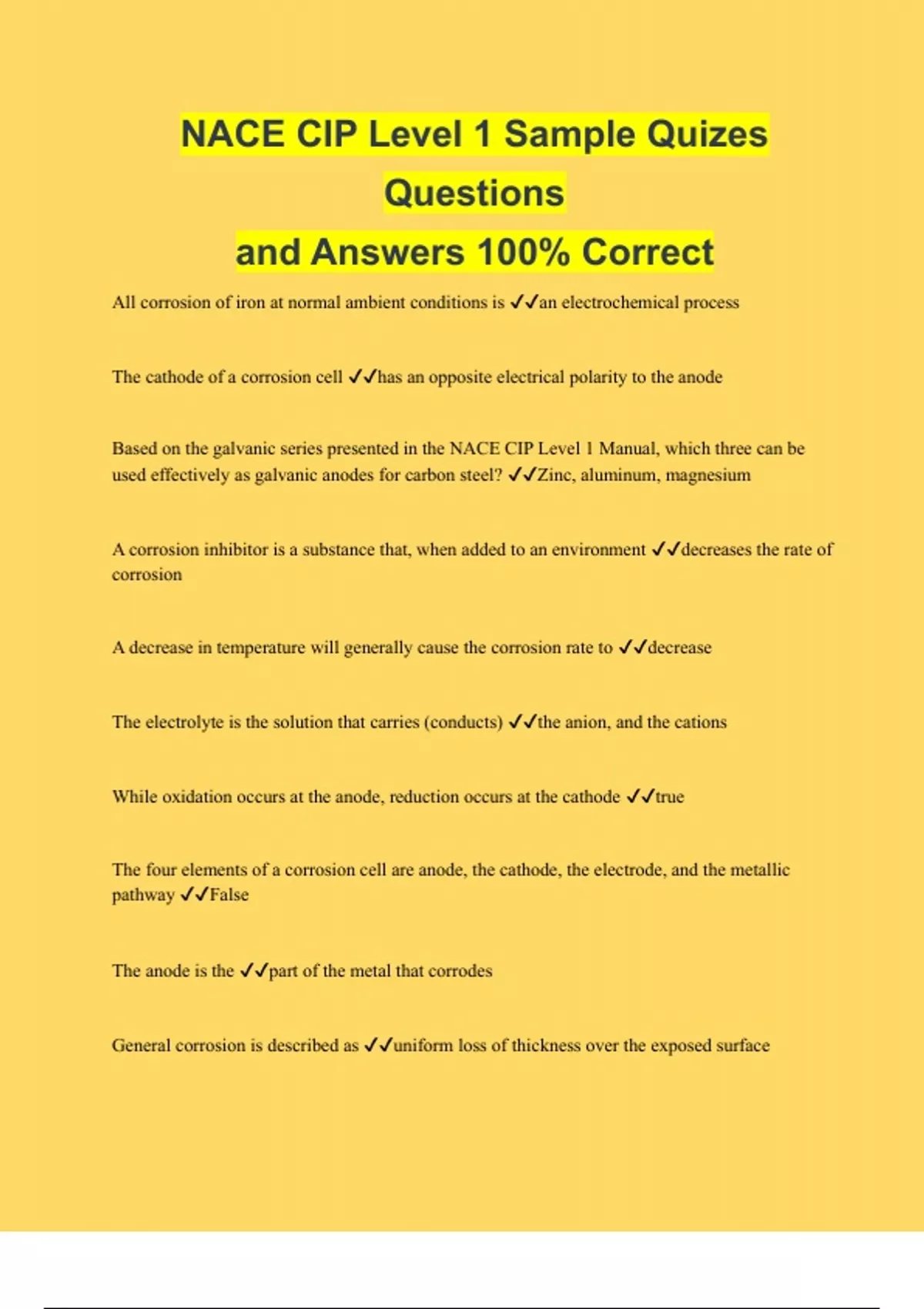 NACE CIP Level 1 Sample Quizes Questions and Answers 100% Correct ...