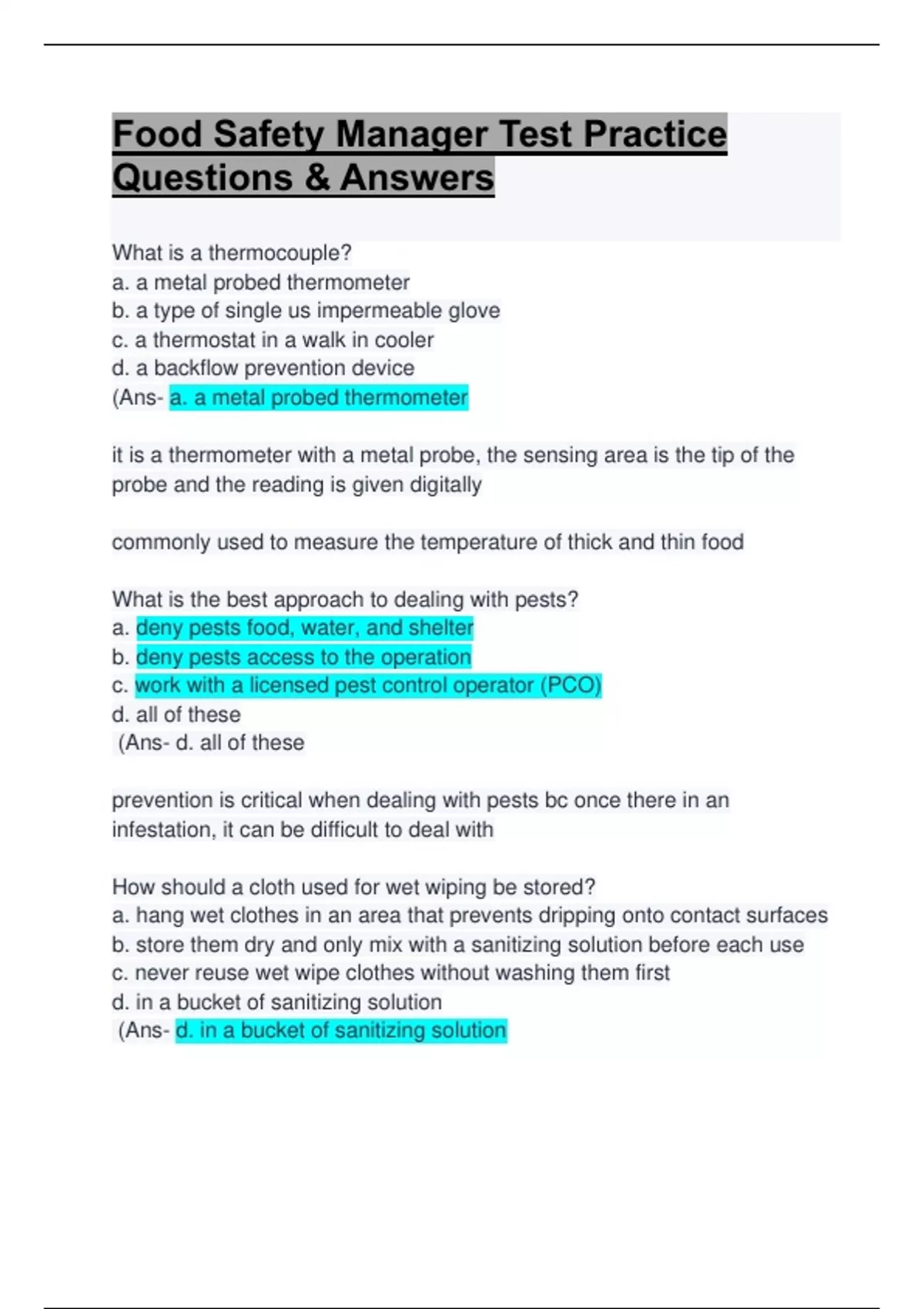 Food Safety Manager Test Practice Questions Answers Latest Updated Food Safety Manager Test Practice Questions Answers Latest Updated