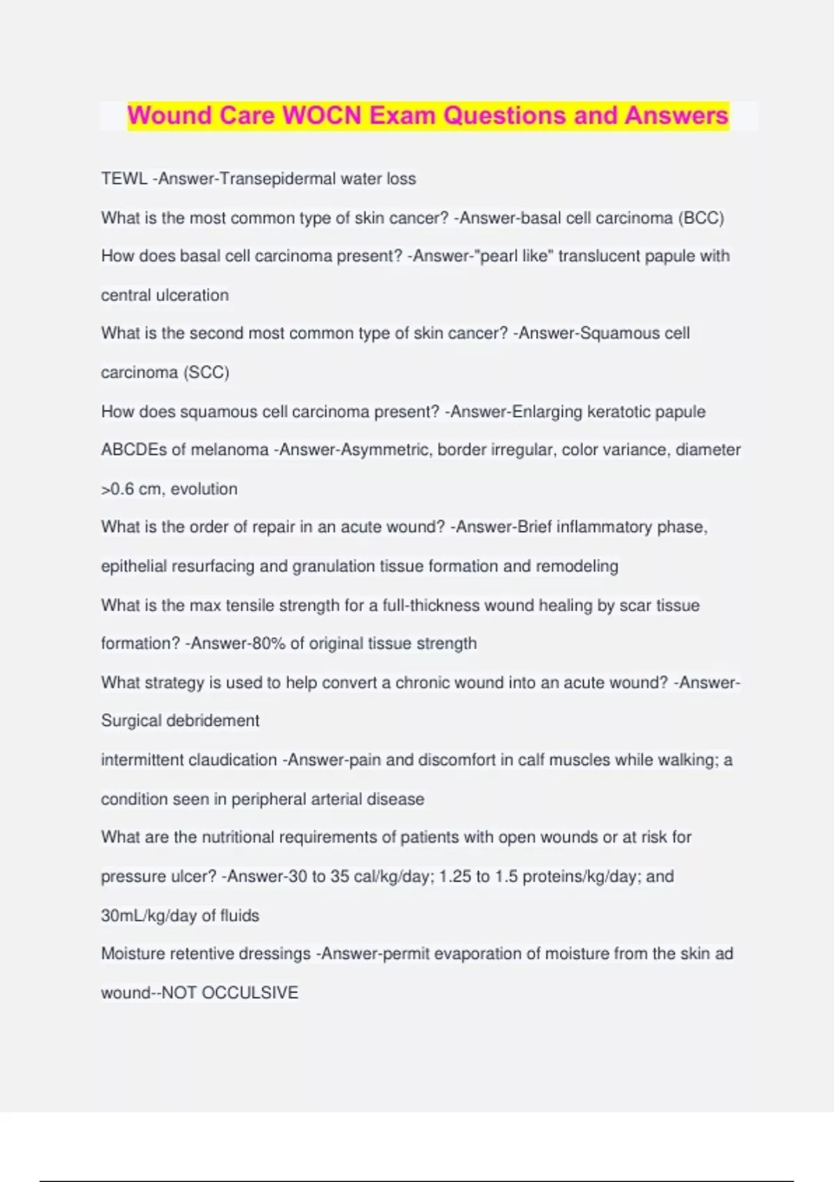 Wound Care WOCN Exam Questions and Answers - WOCN Wound Care - Stuvia US