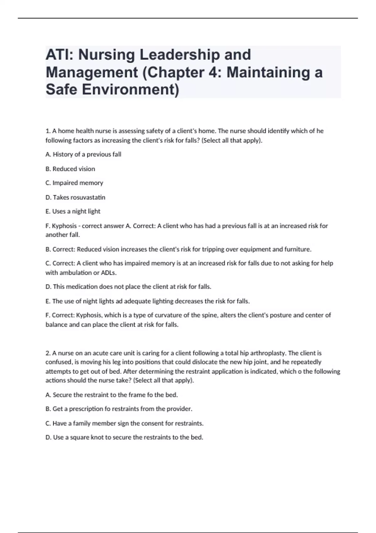 ATI: Nursing Leadership and Management (Chapter 4: Maintaining a Safe ...