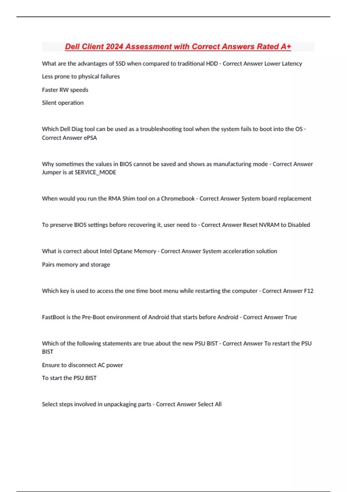 Dell Client 2024 Assessment with Correct Answers Rated A+ - Dell Enterprise - Stuvia US