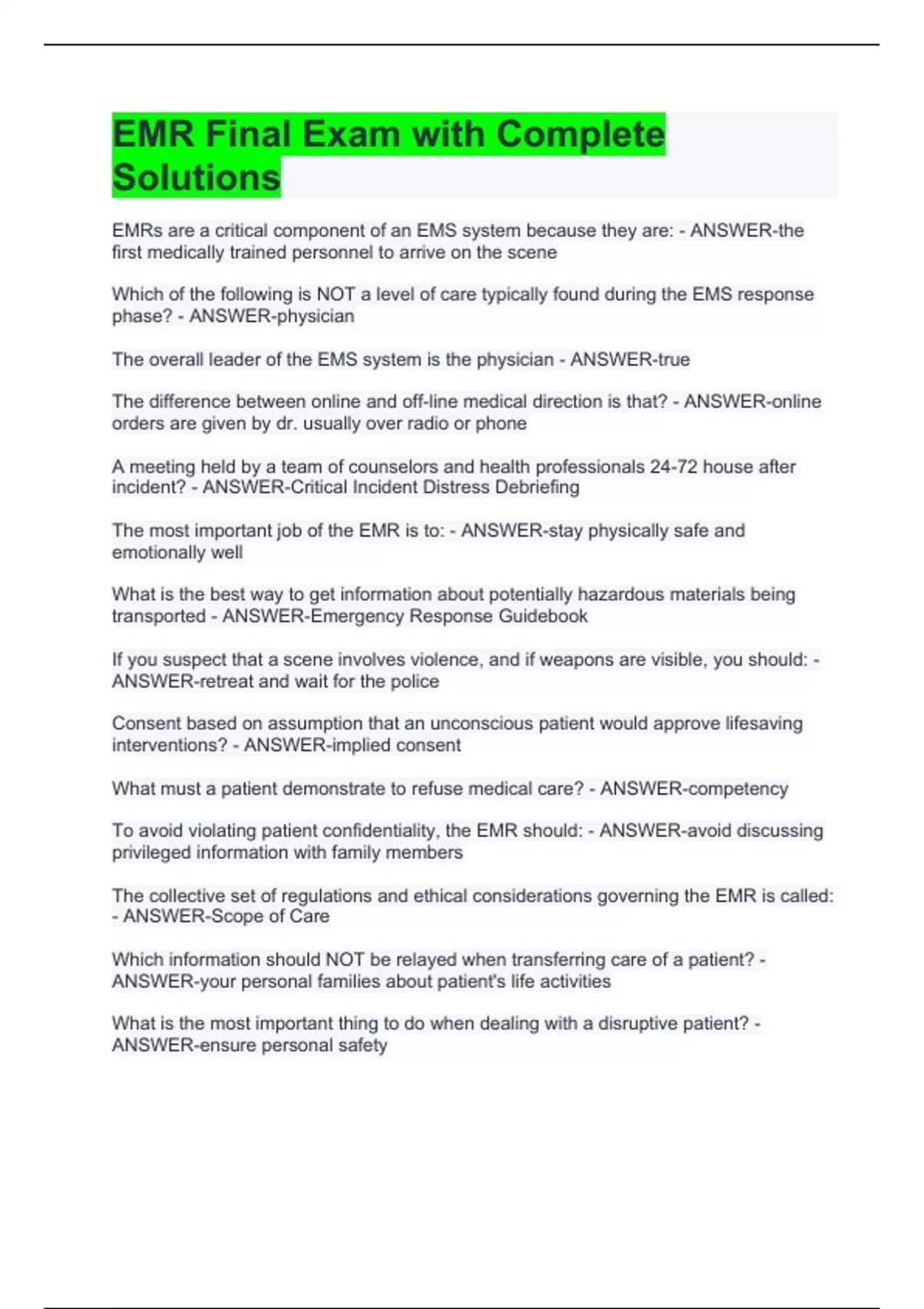 EMR Final Exam with Complete Solutions - EMR - Stuvia US