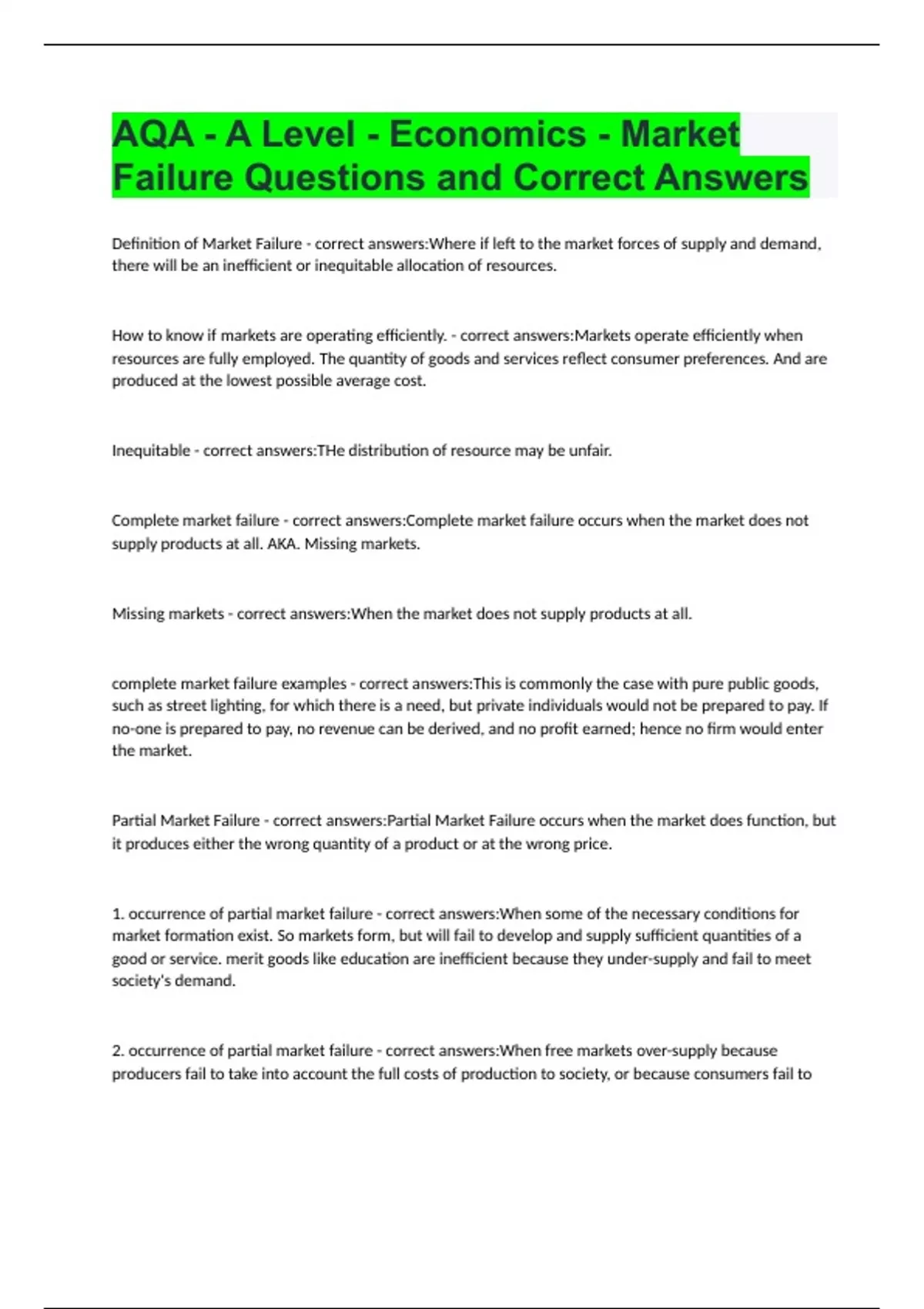 AQA - A Level - Economics - Market Failure Questions and Correct ...