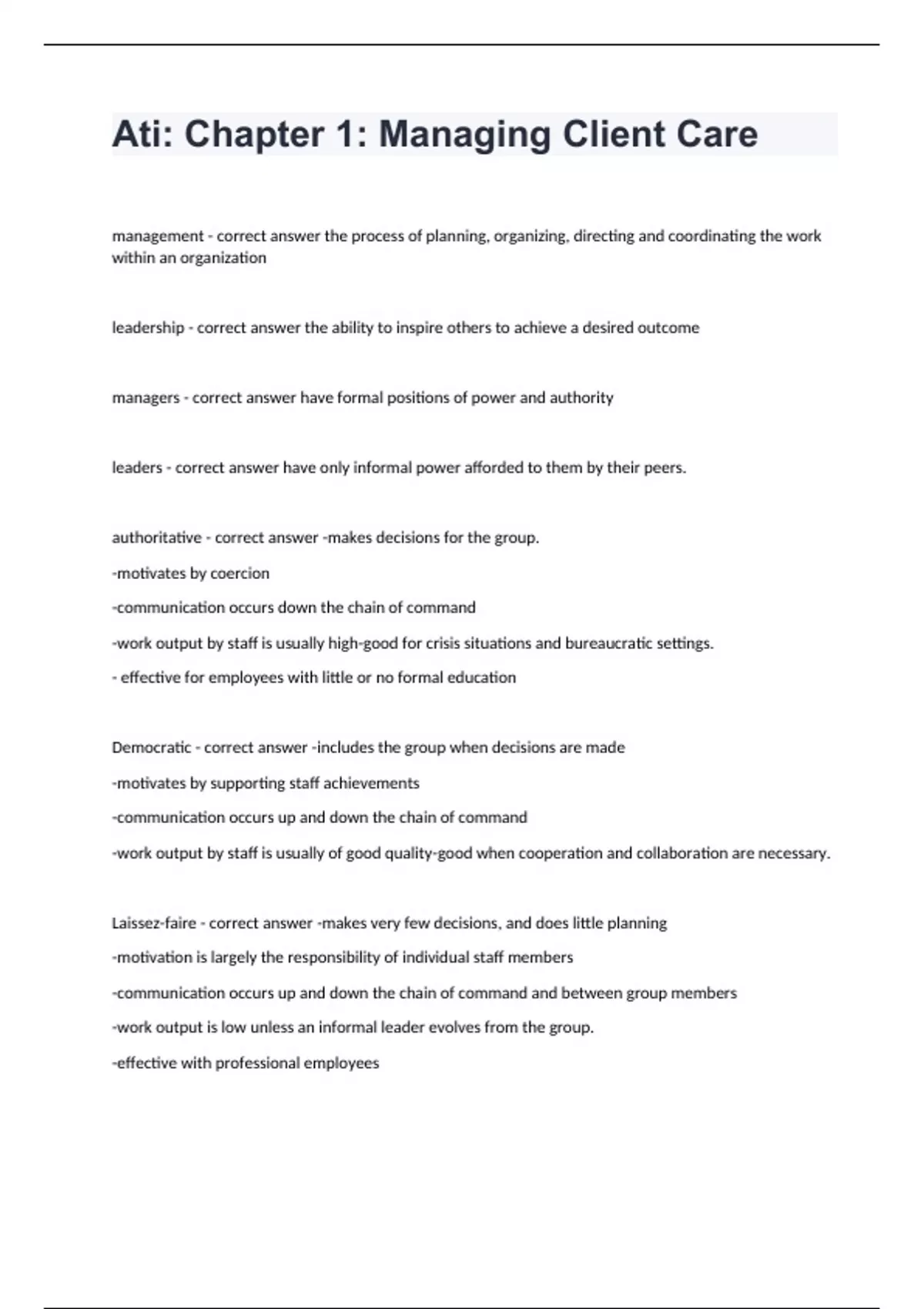 Ati: Chapter 1: Managing Client Care questions and answers 2024 passed ...