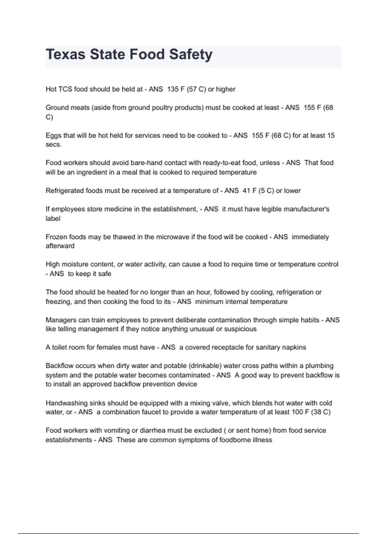 Texas State Food Safety Exam 2024 Questions & Answers Guaranteed Pass ...