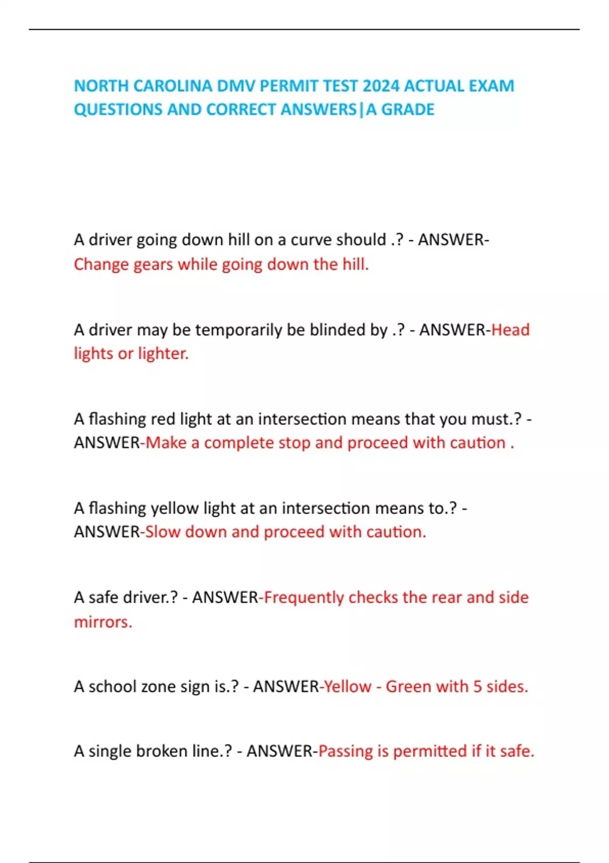 NORTH CAROLINA DMV PERMIT TEST 2024 ACTUAL EXAM QUESTIONS AND CORRECT ...