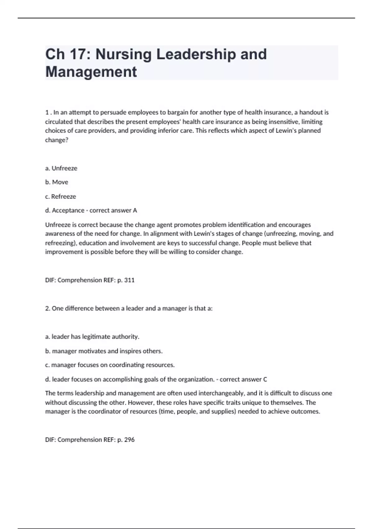 Ch 17: Nursing Leadership and Management with verified solutions 2024 ...