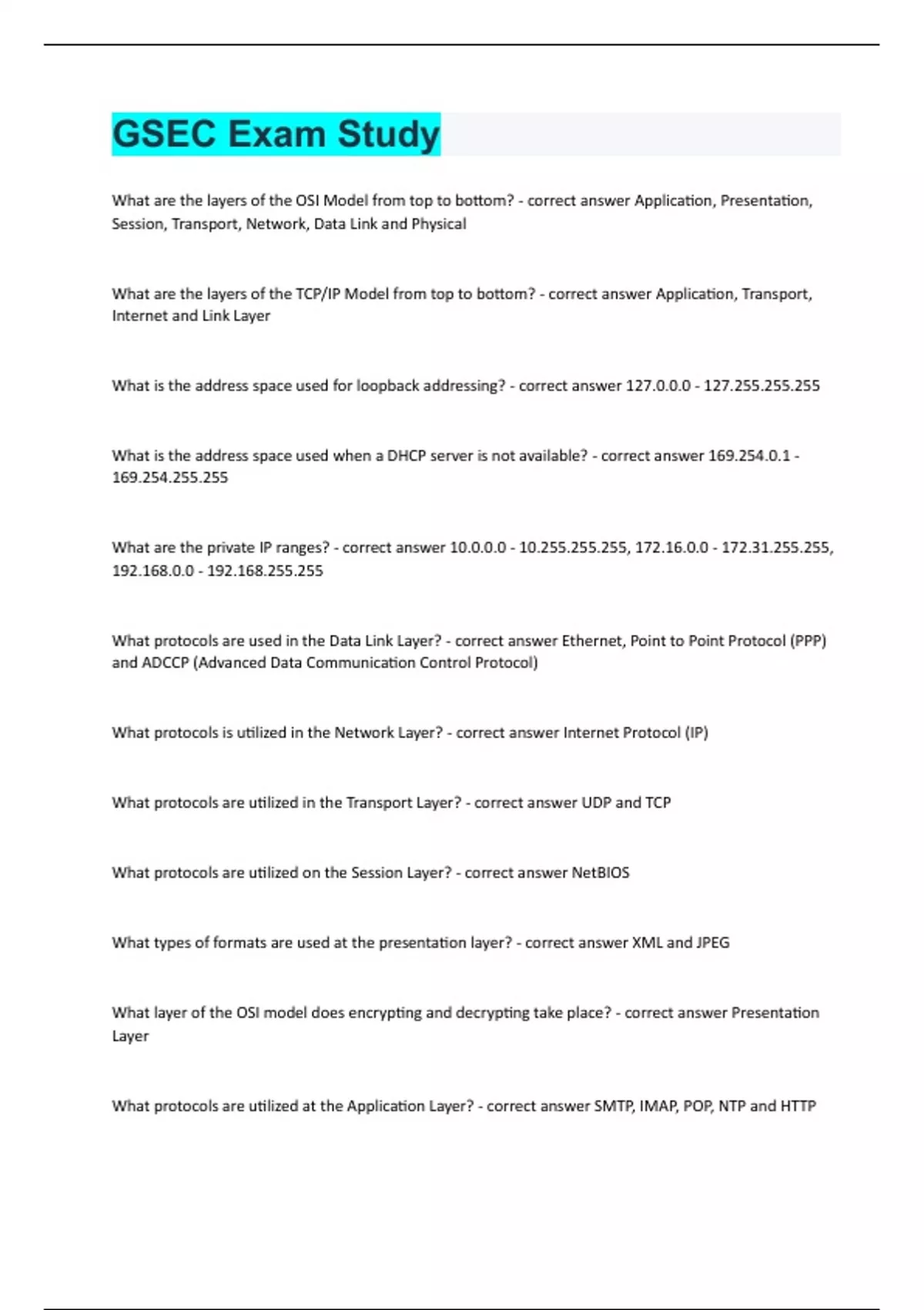 GSEC Exam Study Question and answer latest update - GIAC Security ...