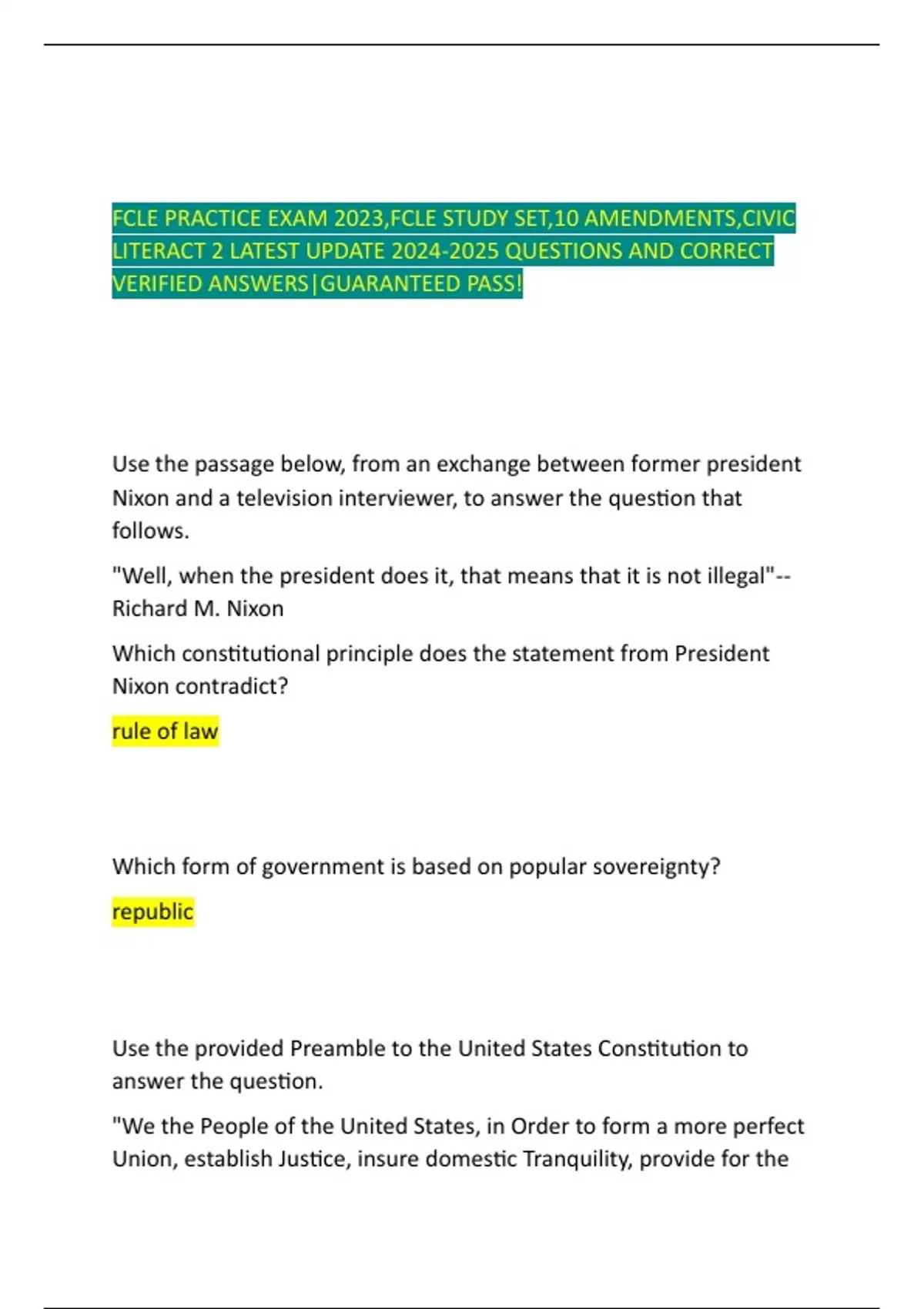 FCLE PRACTICE EXAM 2023,FCLE STUDY SET,10 AMENDMENTS,CIVIC LITERACT 2 ...