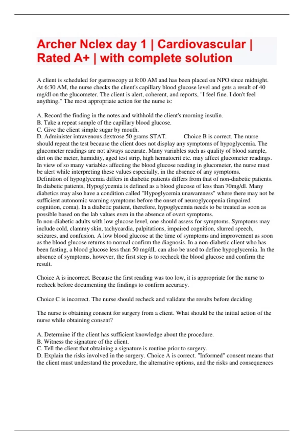 Archer Nclex day 1 | Cardiovascular | Rated A+ | with complete solution ...