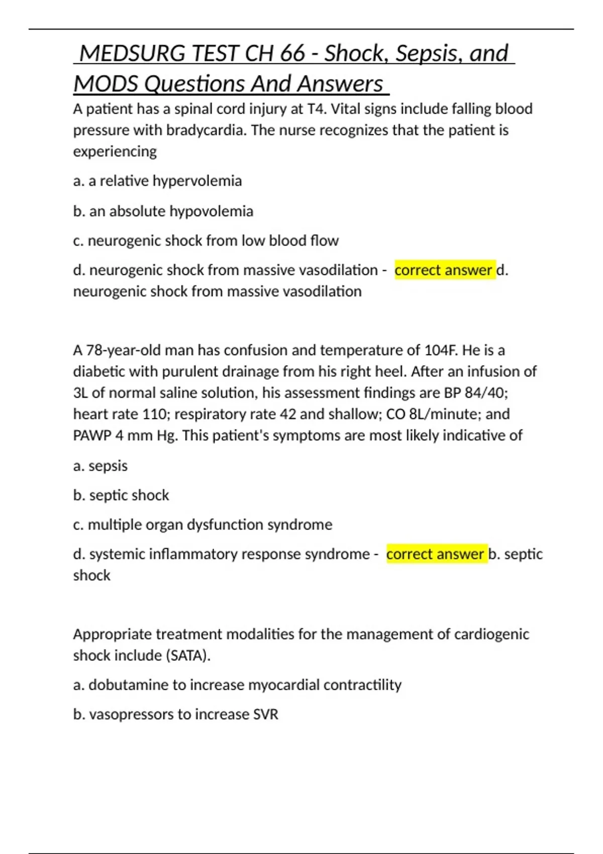 MEDSURG TEST CH 66 - Shock, Sepsis, and MODS Questions And Answers ...