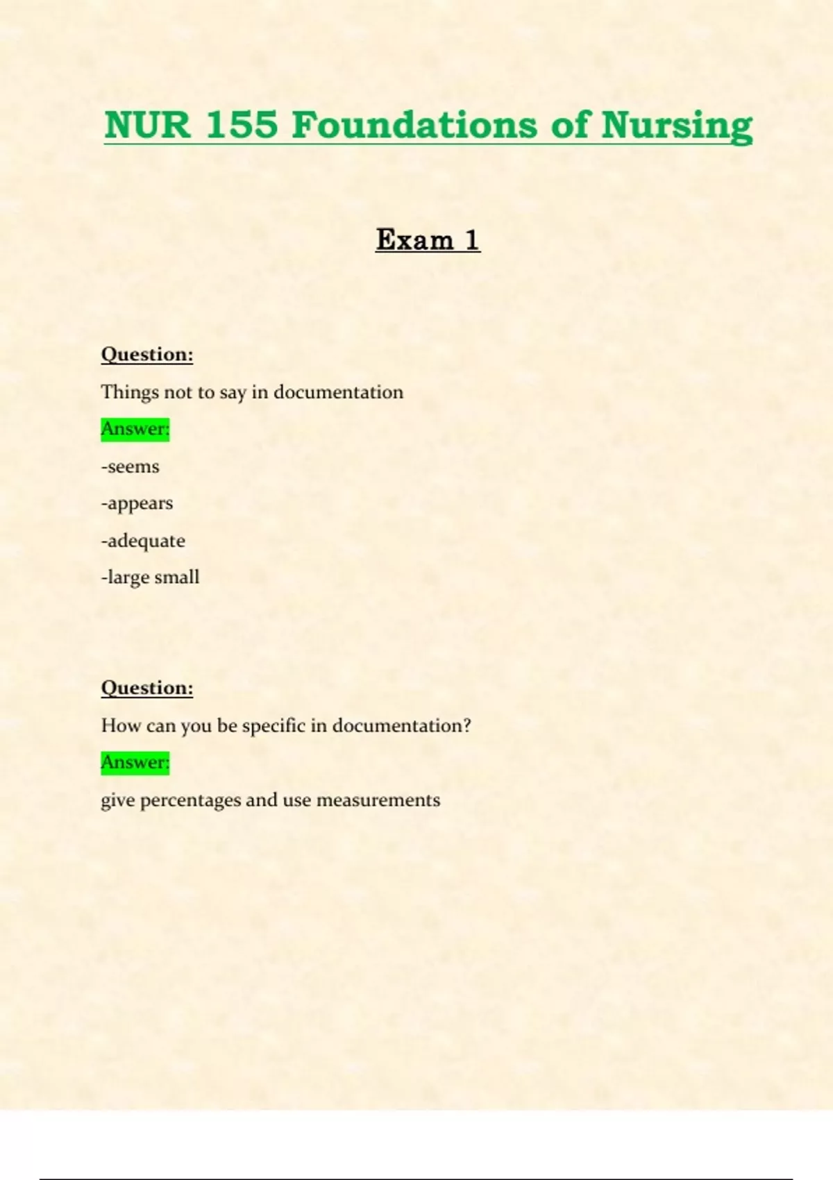 NUR155 / NUR 155 Exam 1 (Latest 2024 / 2025): Foundations of Nursing ...