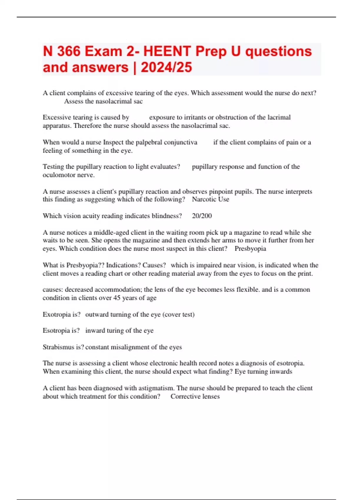 N 366 Exam 2- HEENT Prep U questions and answers | 2024/25 - N 366 ...