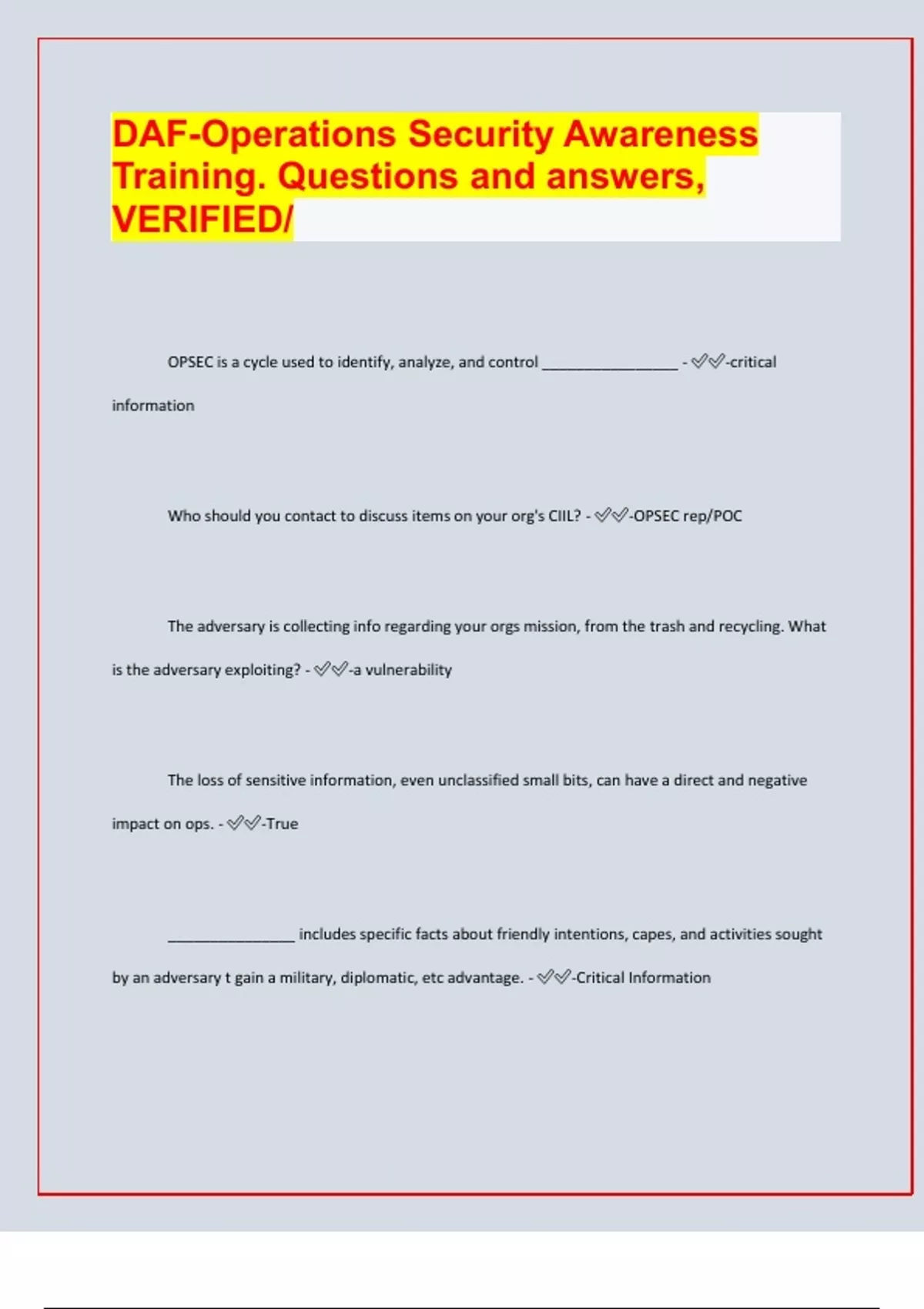 DAF-Operations Security Awareness Training. Questions and answers, VE/ Examminable Questions and ...