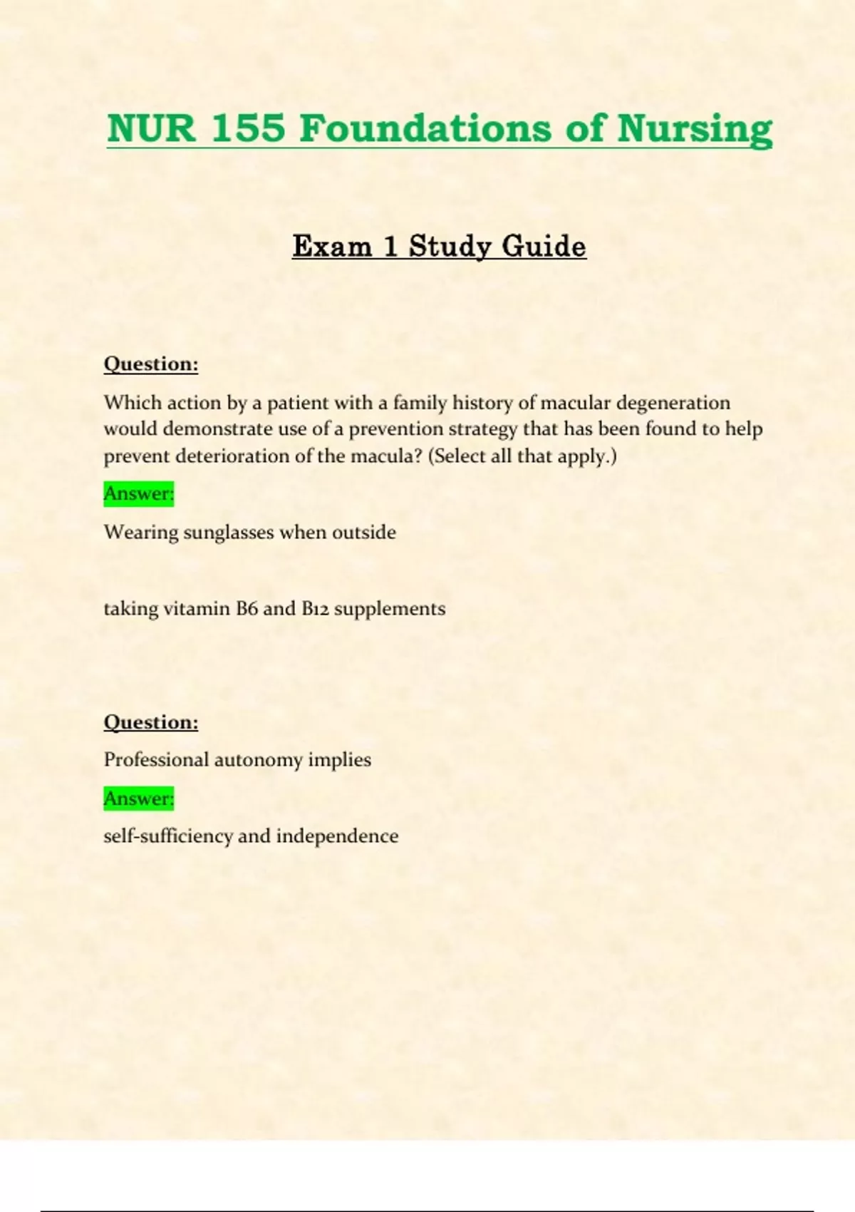 NUR155 / NUR 155 Exam 1 Study Guide (Latest 2024 / 2025): Foundations ...