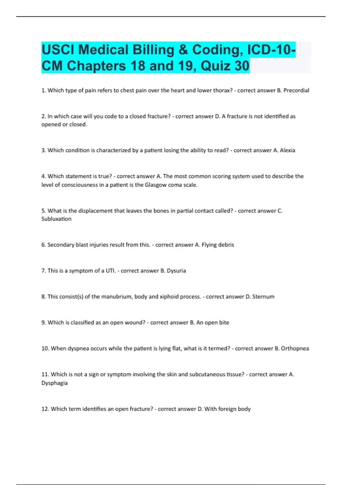 USCI Medical Billing & Coding, ICD-10-CM Chapters 18 and 19, Quiz 30 ...