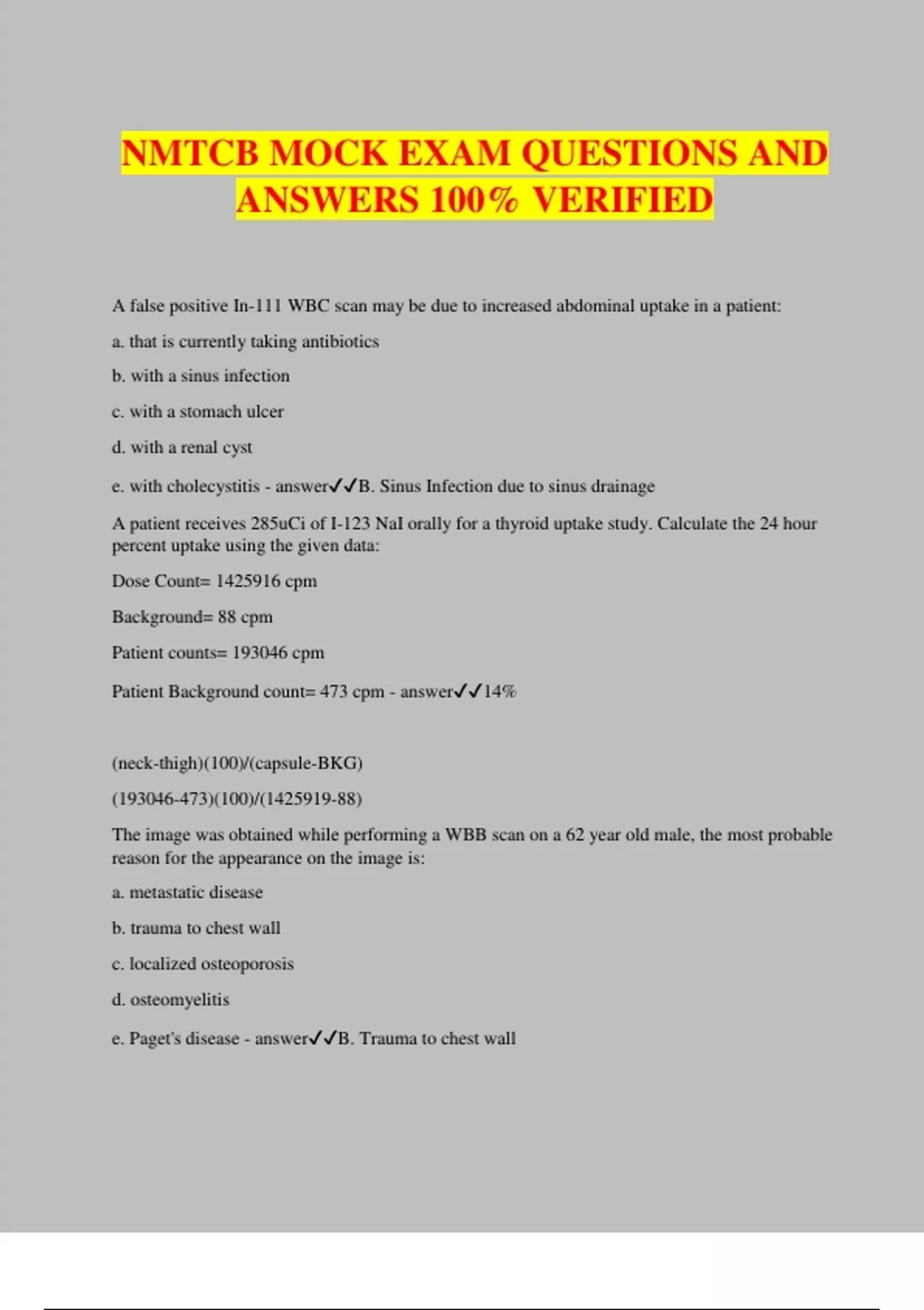 NMTCB MOCK EXAM QUESTIONS AND ANSWERS 100% VERIFIED - NMTCB - Stuvia US