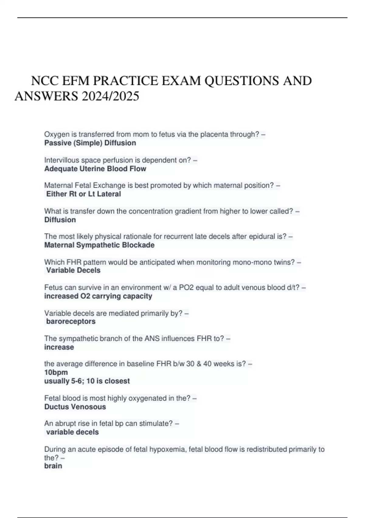 NCC EFM PRACTICE EXAM QUESTIONS AND ANSWERS 2024/2025 - Ncc efm - Stuvia US